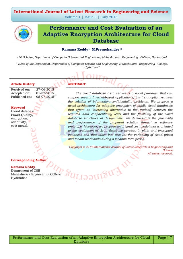 Performance and Cost Evaluation of an Adaptive Encryption Architecture for Cloud Database | PDF ...