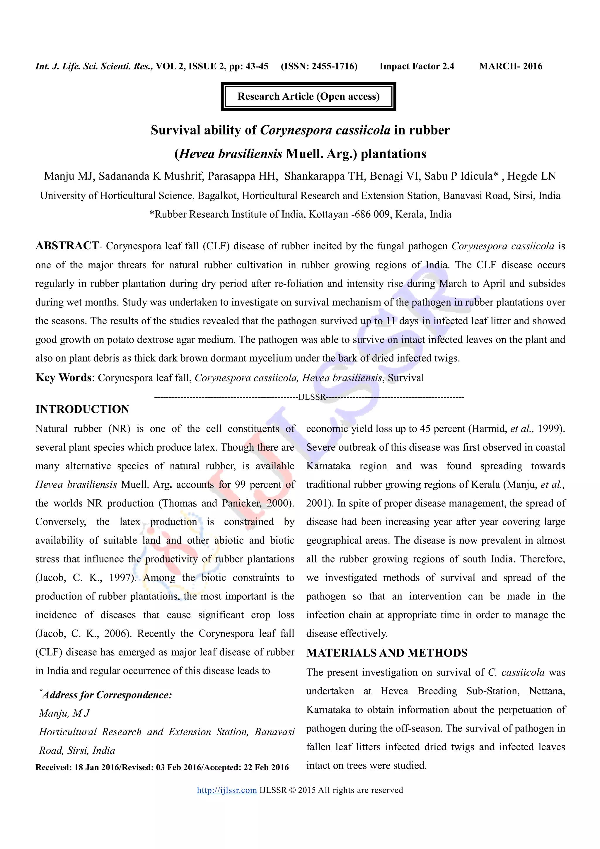 Survival ability of Corynespora cassiicola in rubber (Hevea ...