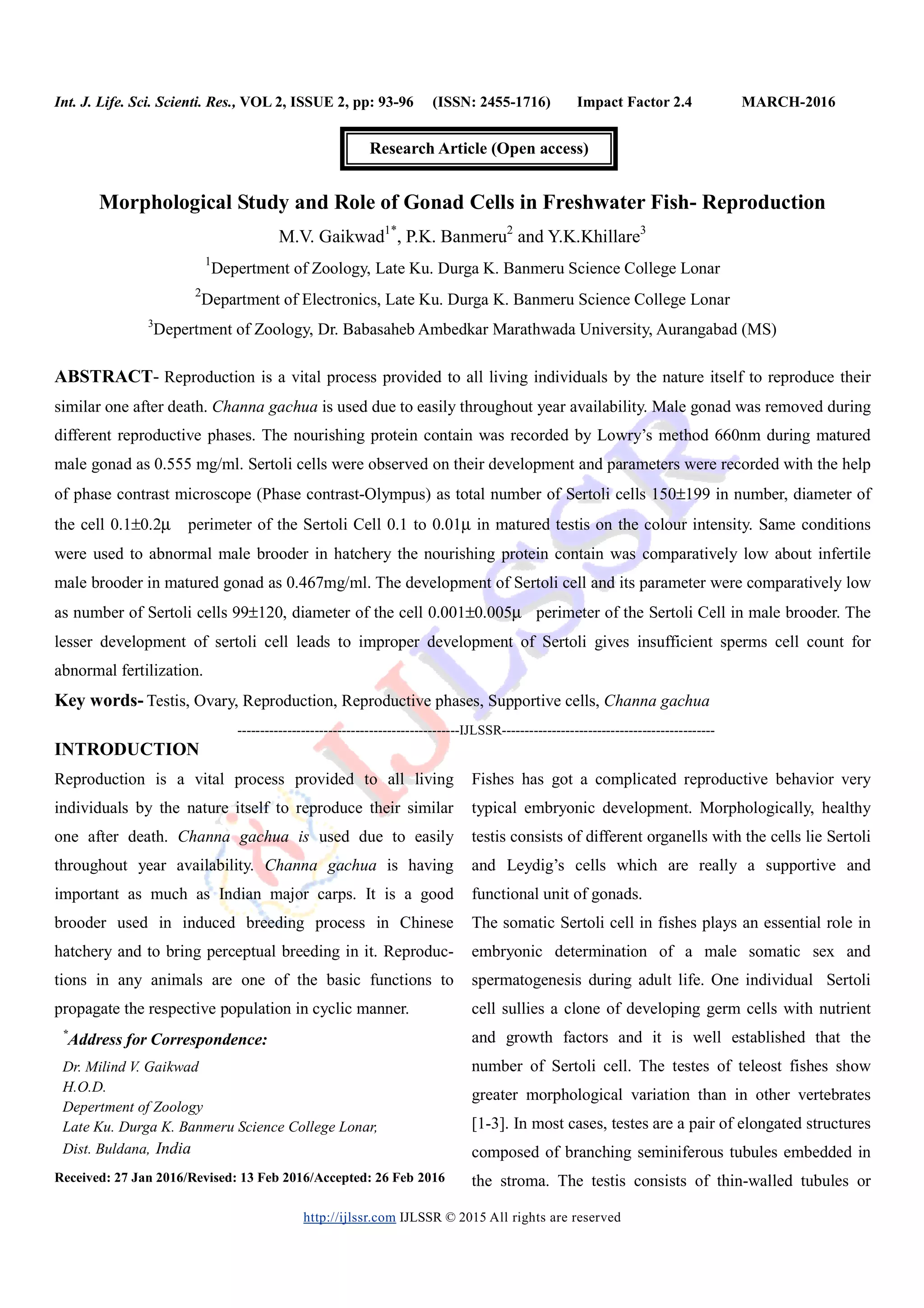 Morphological Study and Role of Gonad Cells in Freshwater Fish ...