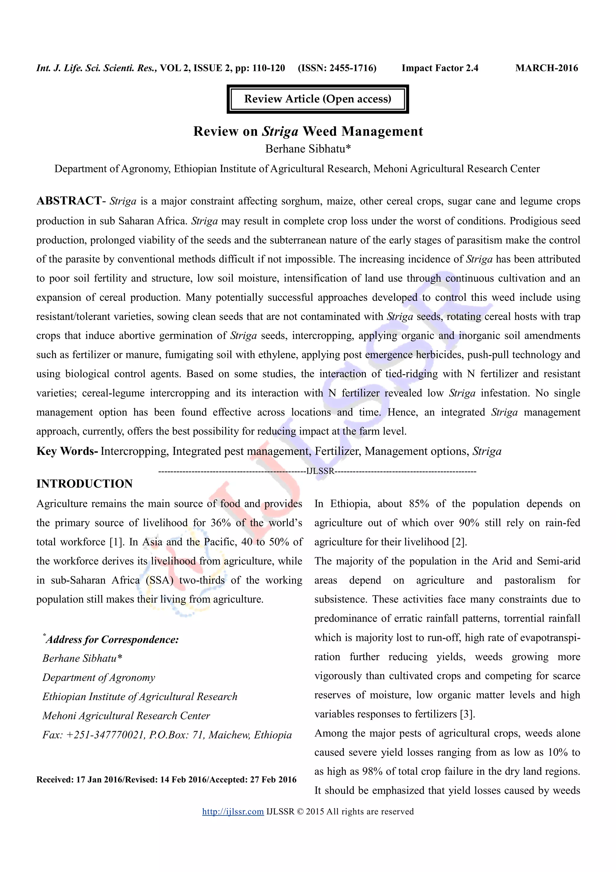Review on Striga Weed Management | PDF