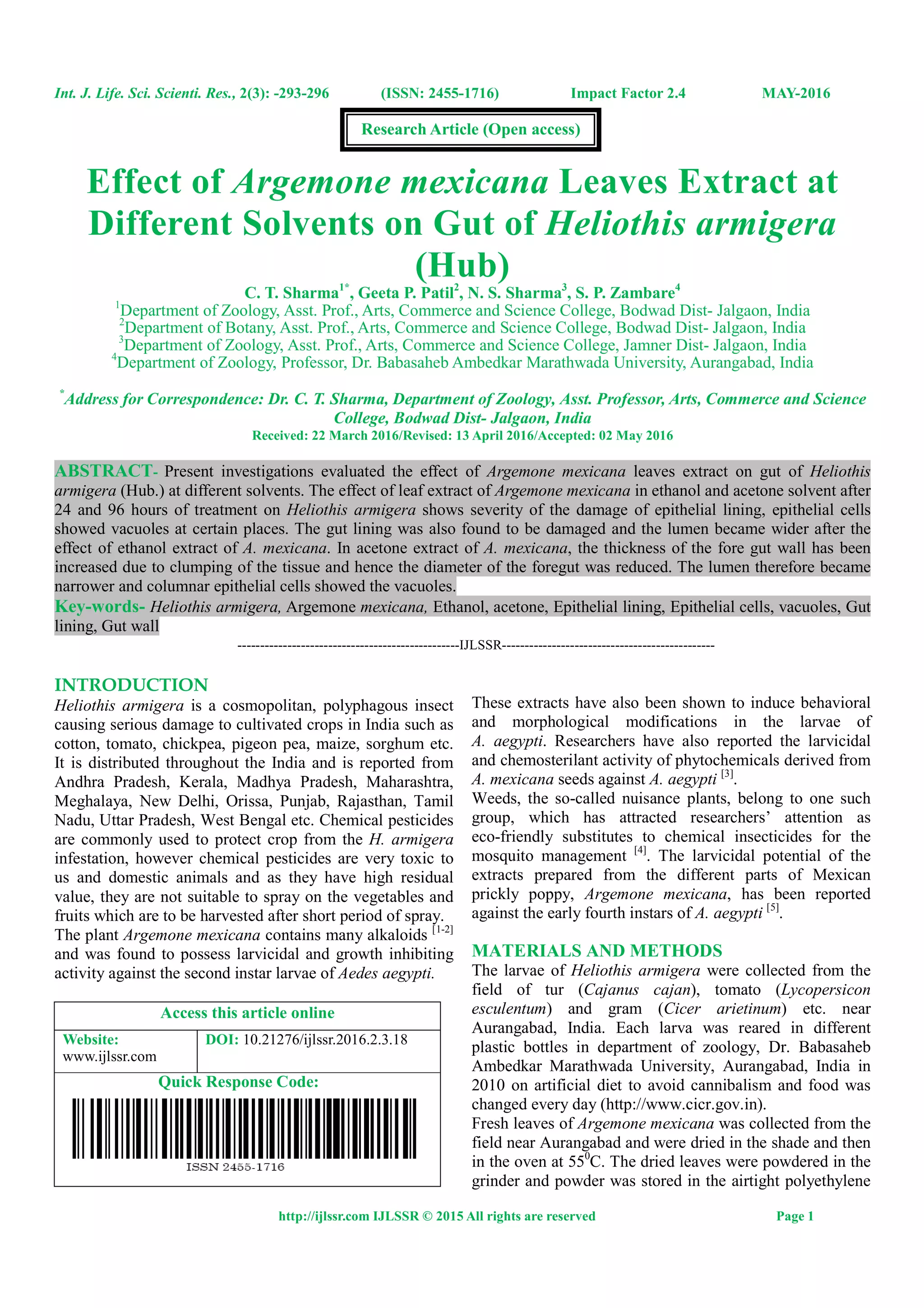Effect of Argemone mexicana Leaves Extract at Different Solvents on Gut ...