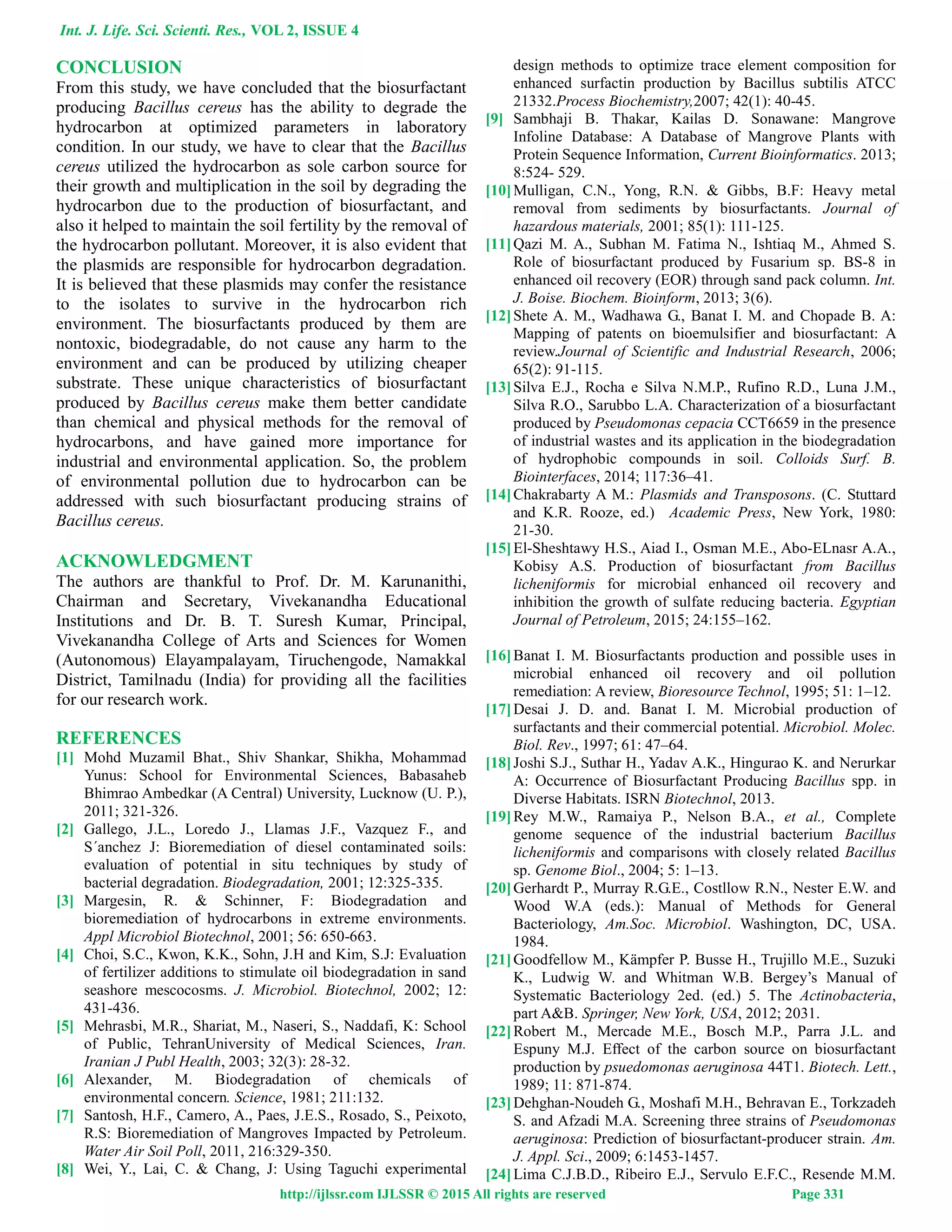 A study on Hydrocarbon Degradation by Biosurfactant Producing Bacillus ...