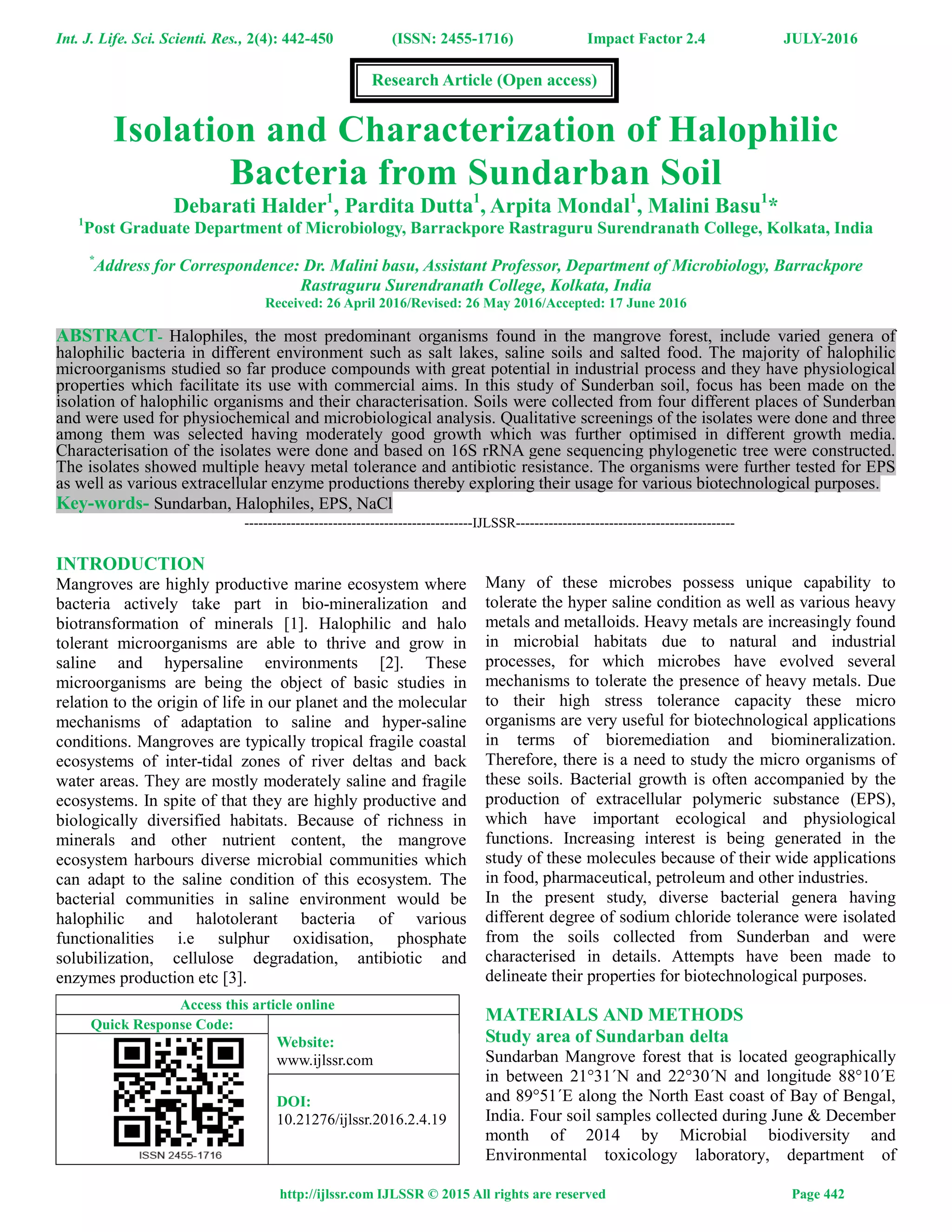 Isolation and Characterization of Halophilic Bacteria from Sundarban Soil Debarati Halder1 ...
