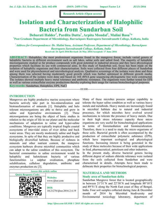 Isolation and Characterization of Halophilic Bacteria from Sundarban Soil Debarati Halder1 ...