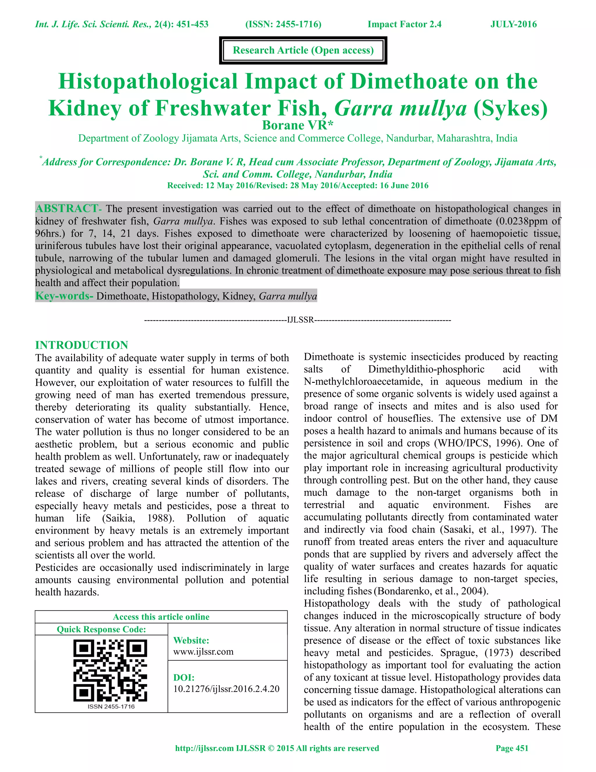 Histopathological Impact of Dimethoate on the Kidney of Freshwater Fish ...