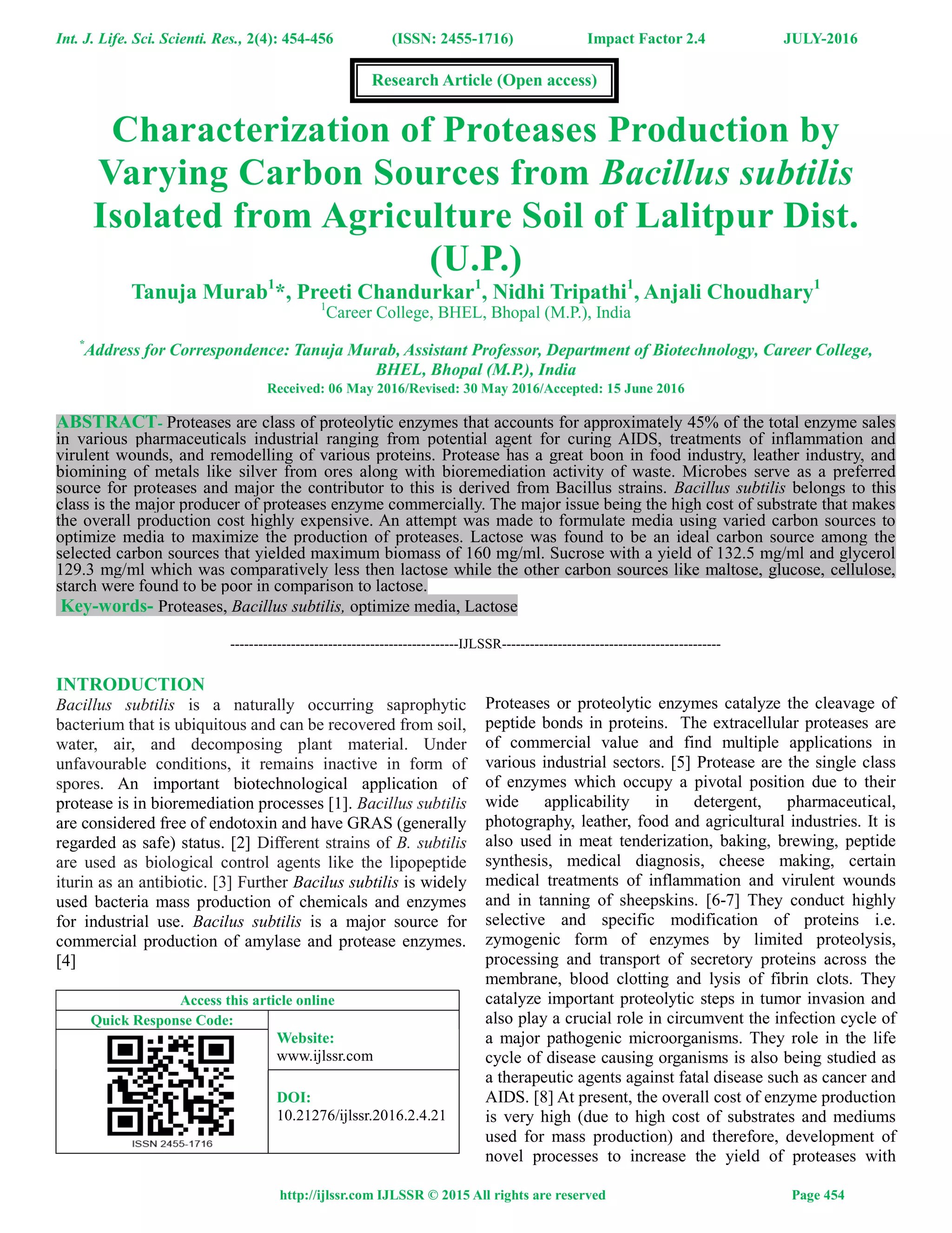 Characterization of Proteases Production by Varying Carbon Sources from Bacillus subtilis ...