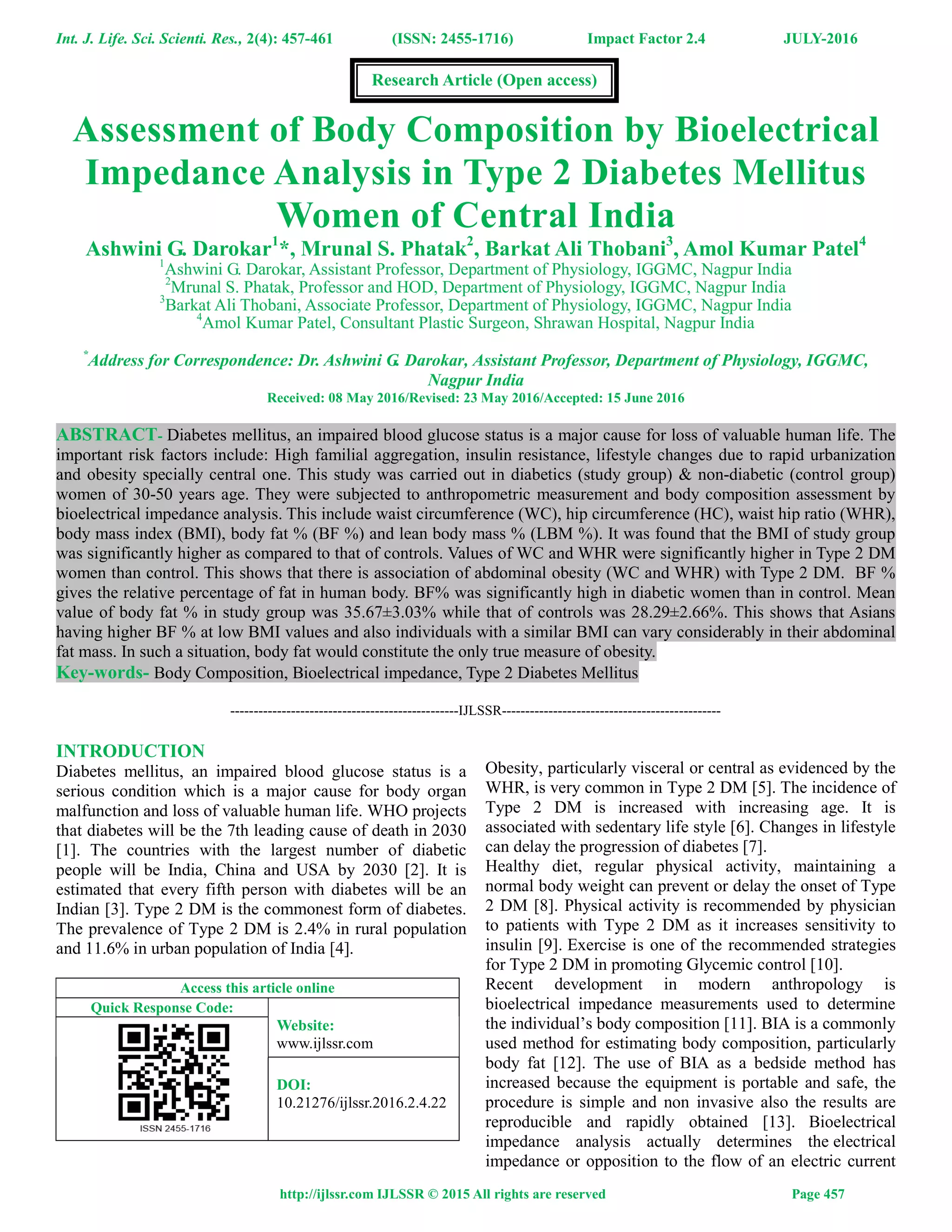 Assessment of Body Composition by Bioelectrical Impedance Analysis in ...