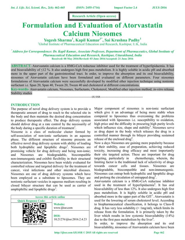 Formulation and Evaluation of Atorvastatin Calcium Niosomes | PDF