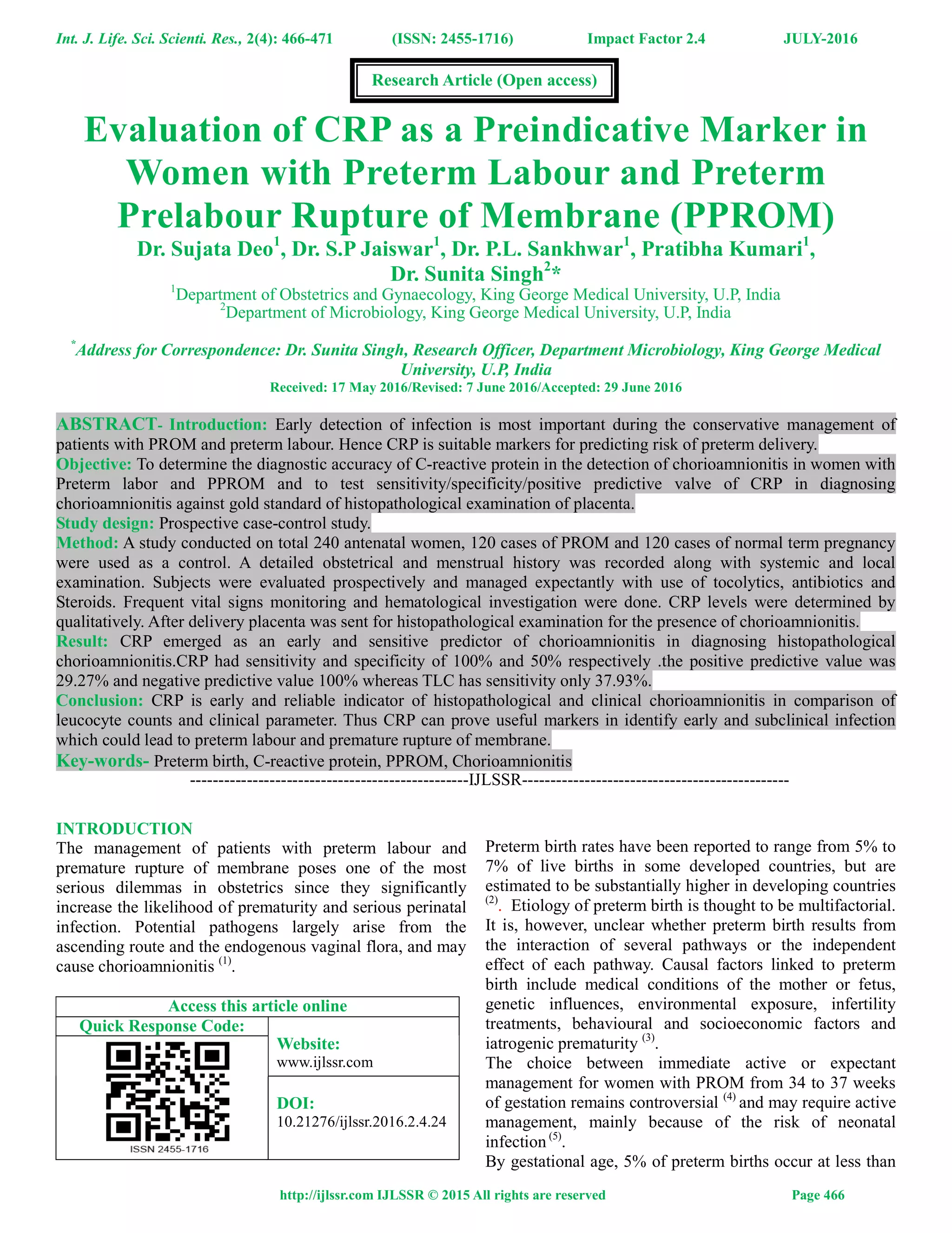 Evaluation of CRP as a Preindicative Marker in Women with Preterm ...