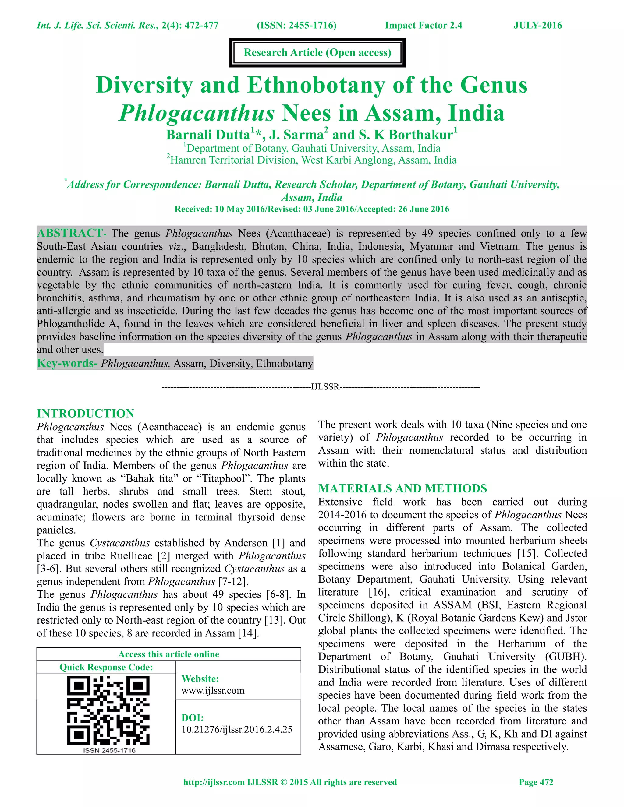 Diversity and Ethnobotany of the Genus Phlogacanthus Nees in Assam ...