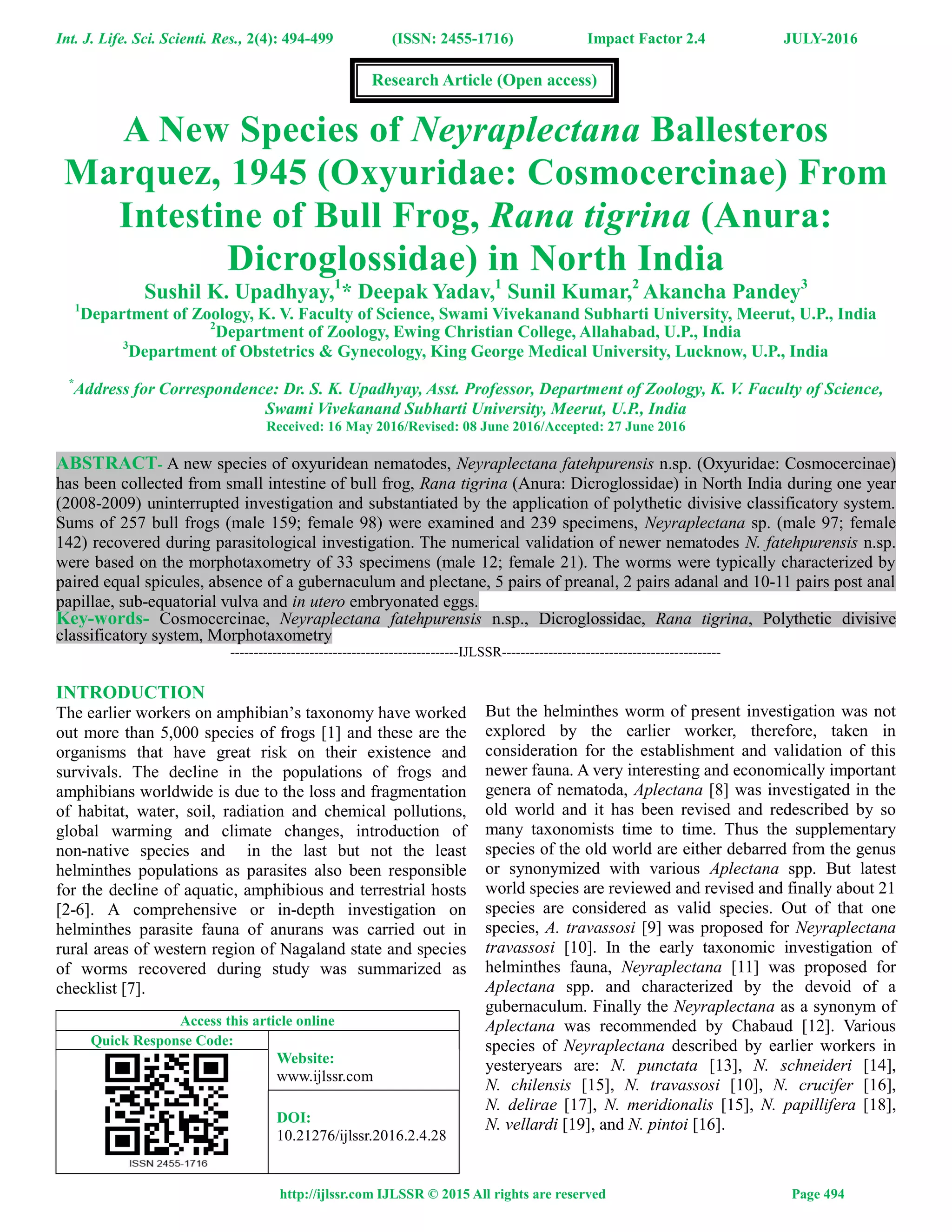 A New Species of Neyraplectana Ballesteros Marquez, 1945 (Oxyuridae ...