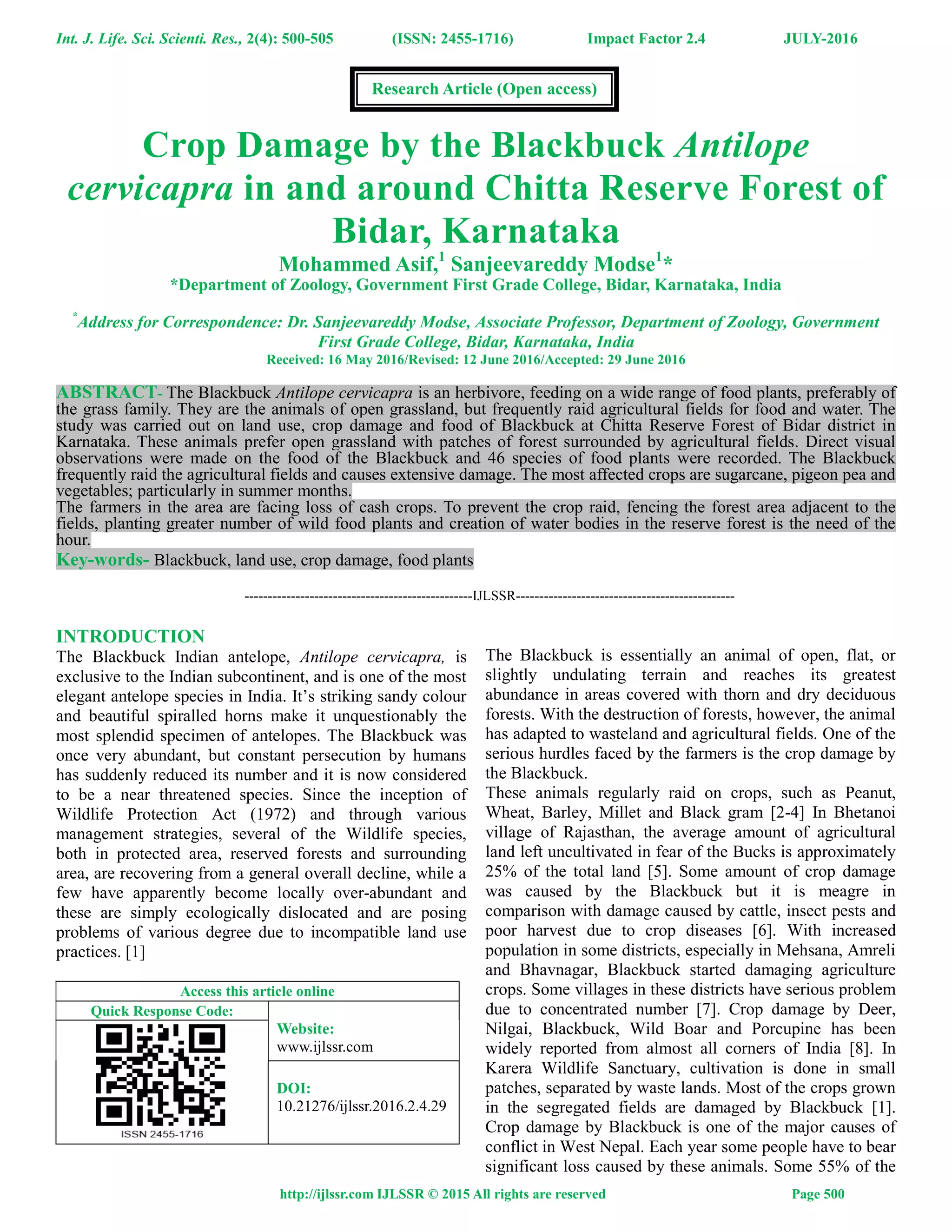 Crop Damage by the Blackbuck Antilope cervicapra in and around Chitta ...