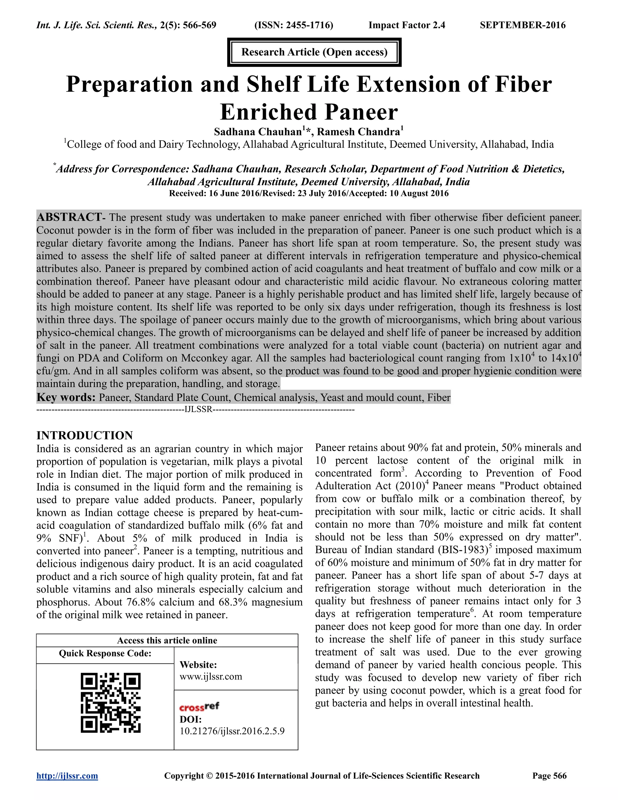 Preparation and Shelf Life Extension of Fiber Enriched Paneer | PDF