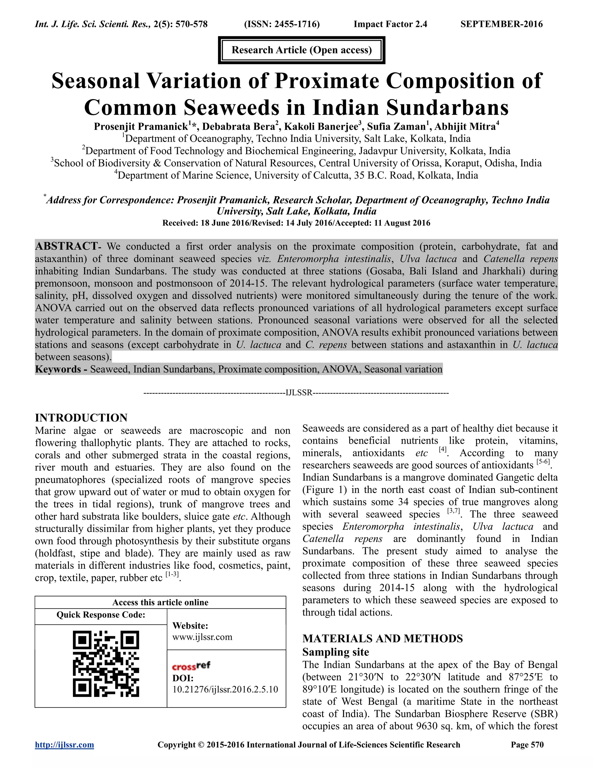 Seasonal Variation of Proximate Composition of Common Seaweeds in ...