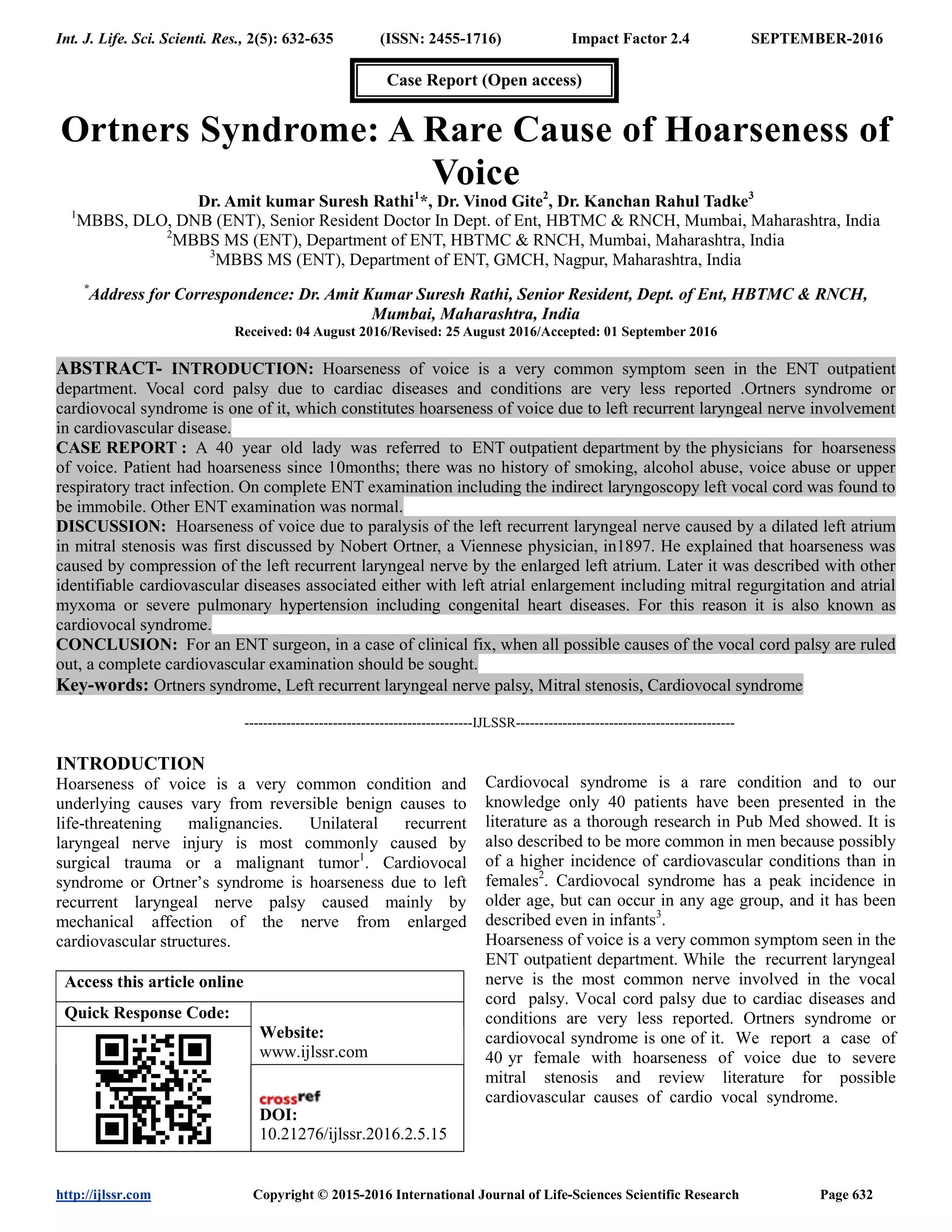 Ortners Syndrome: A Rare Cause of Hoarseness of Voice | PDF