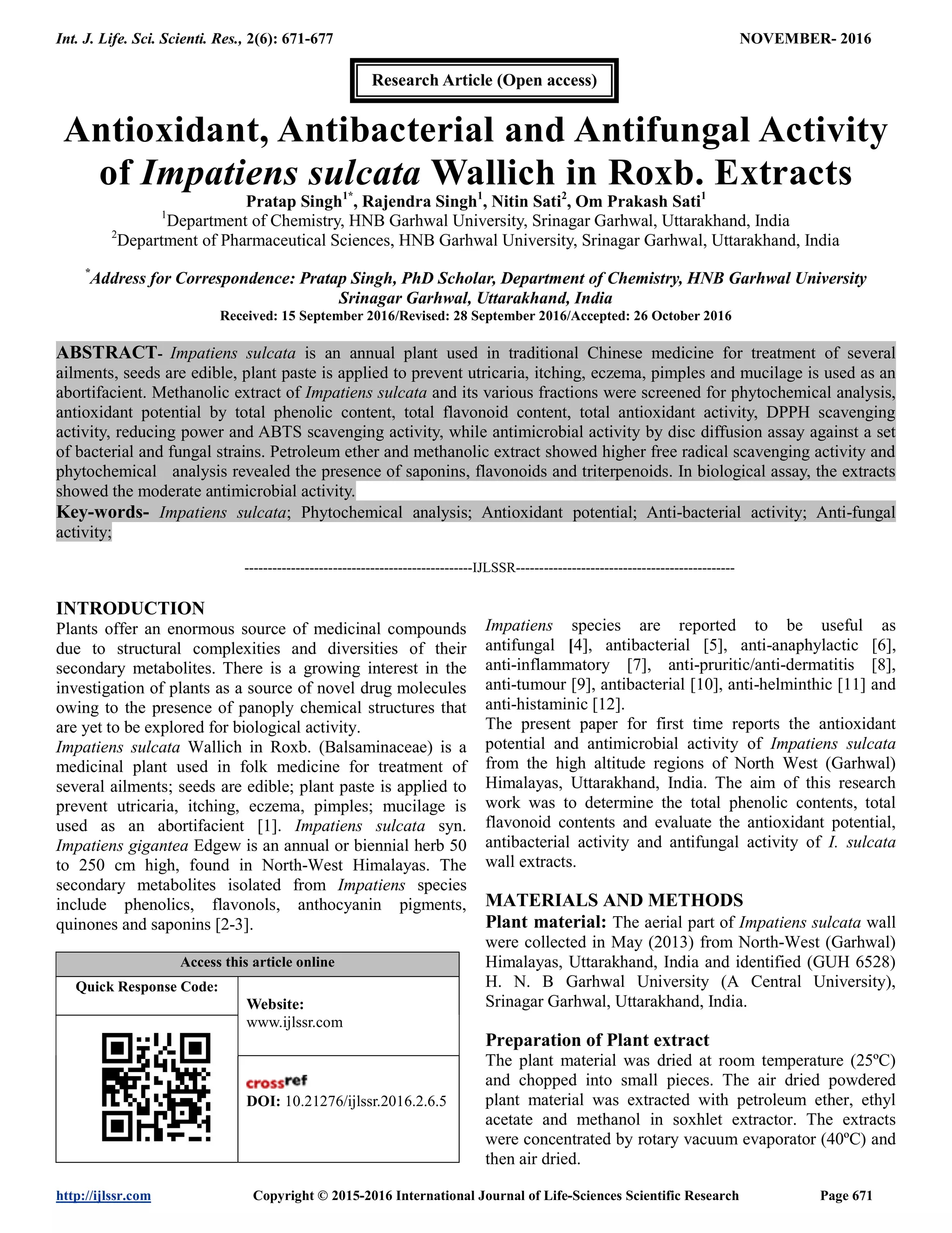 Antioxidant, Antibacterial and Antifungal Activity of Impatiens sulcata ...