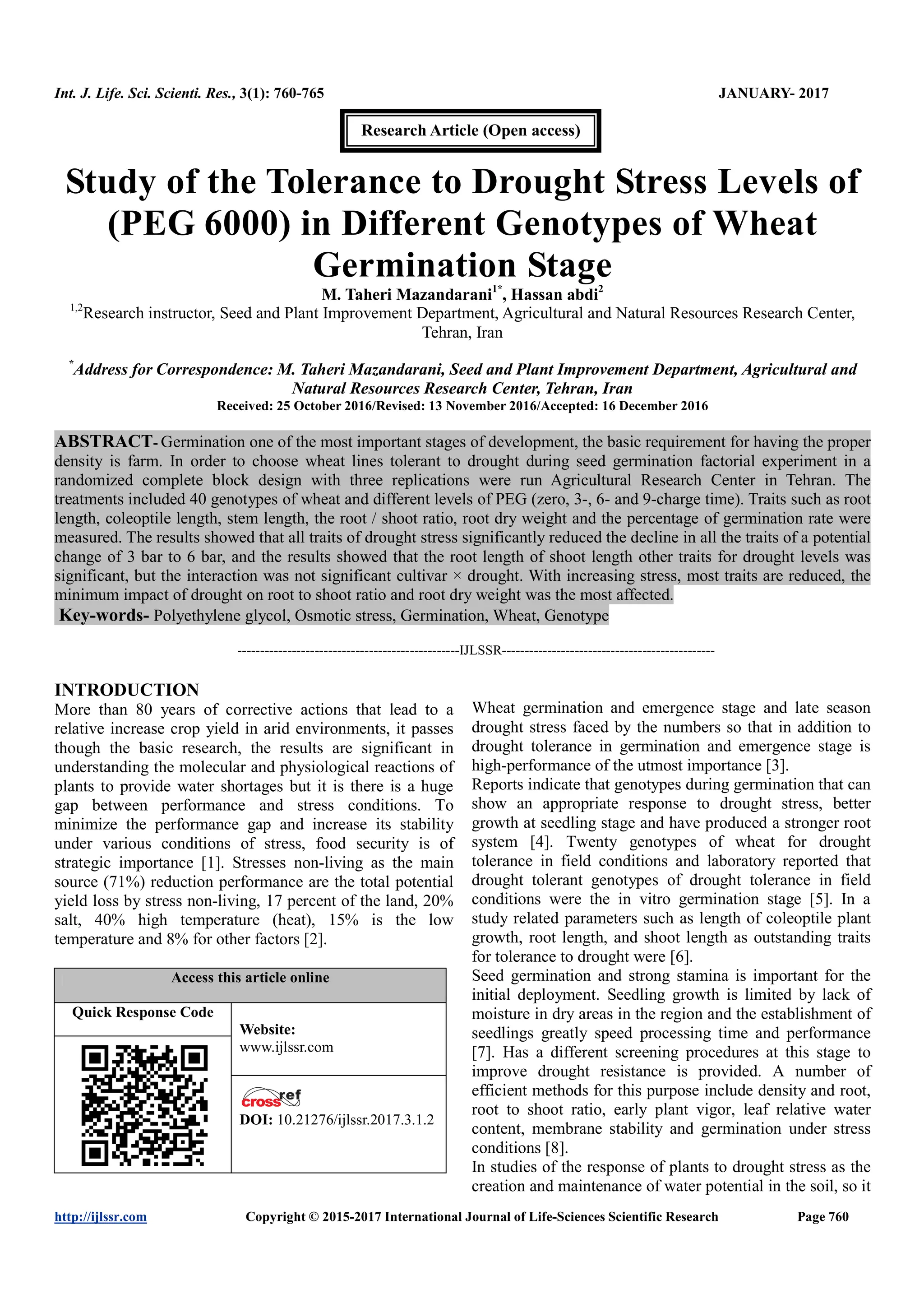 Study of the Tolerance to Drought Stress Levels of (PEG 6000) in ...