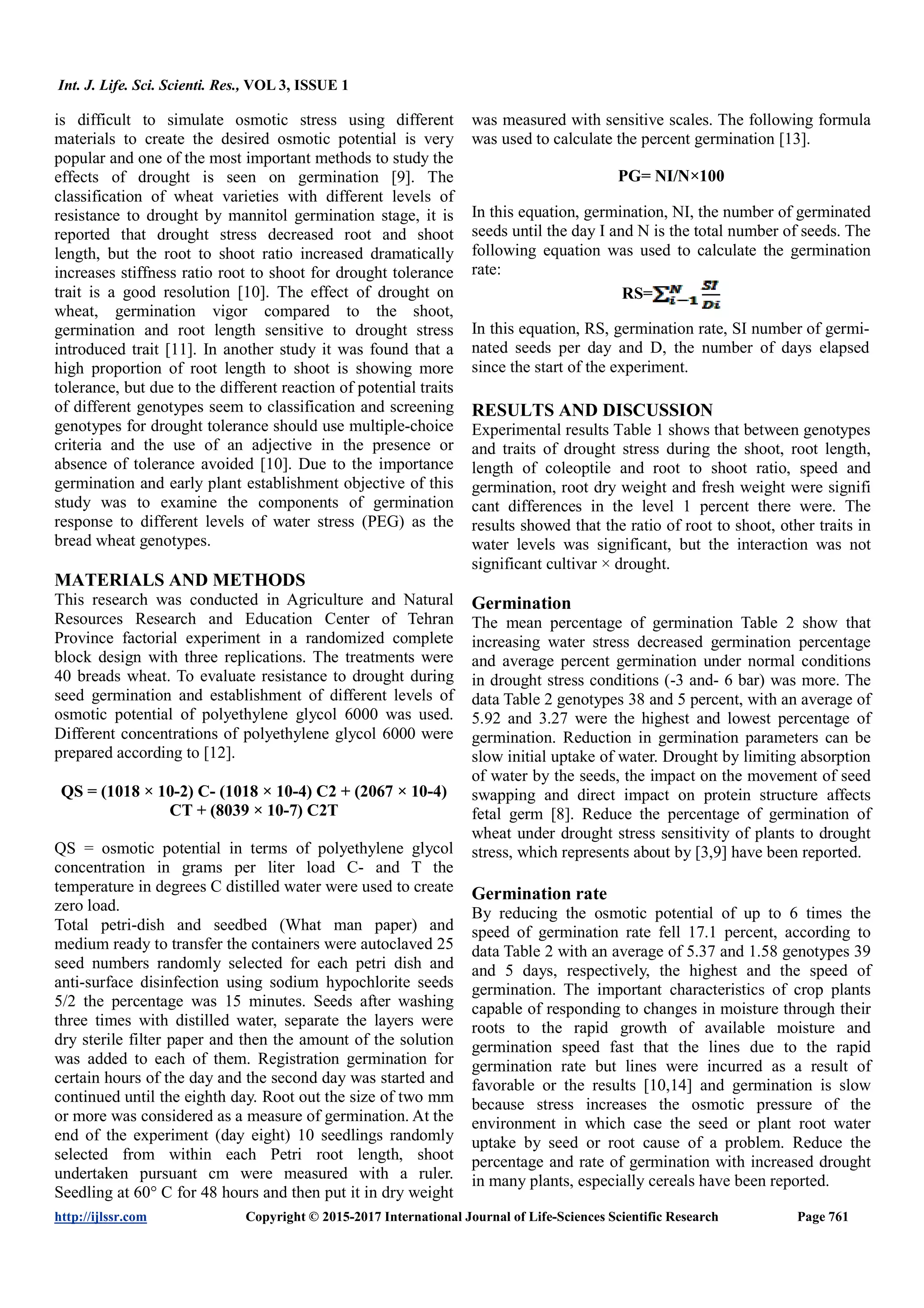 Study of the Tolerance to Drought Stress Levels of (PEG 6000) in ...