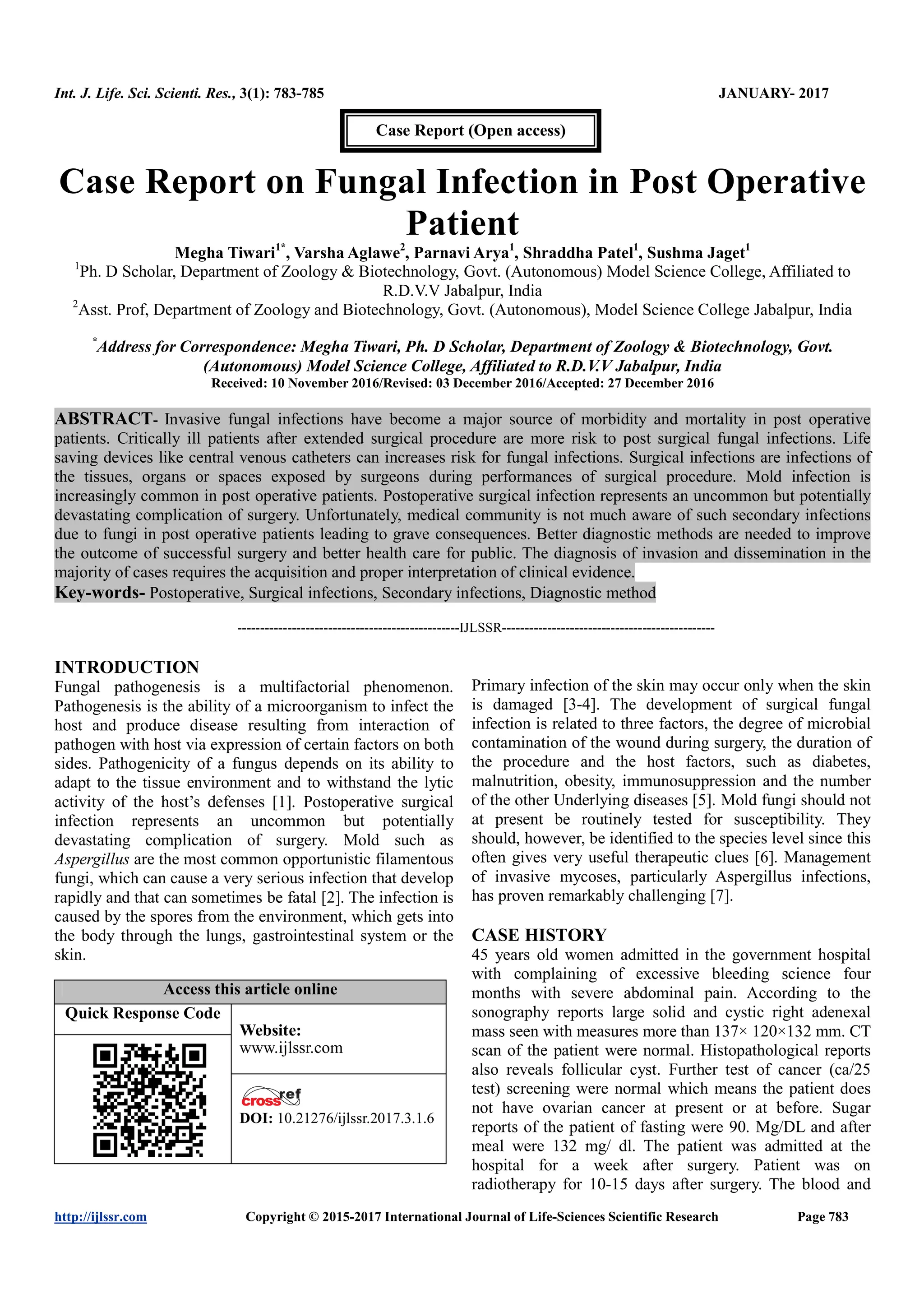 Case Report on Fungal Infection in Post Operative Patient | PDF