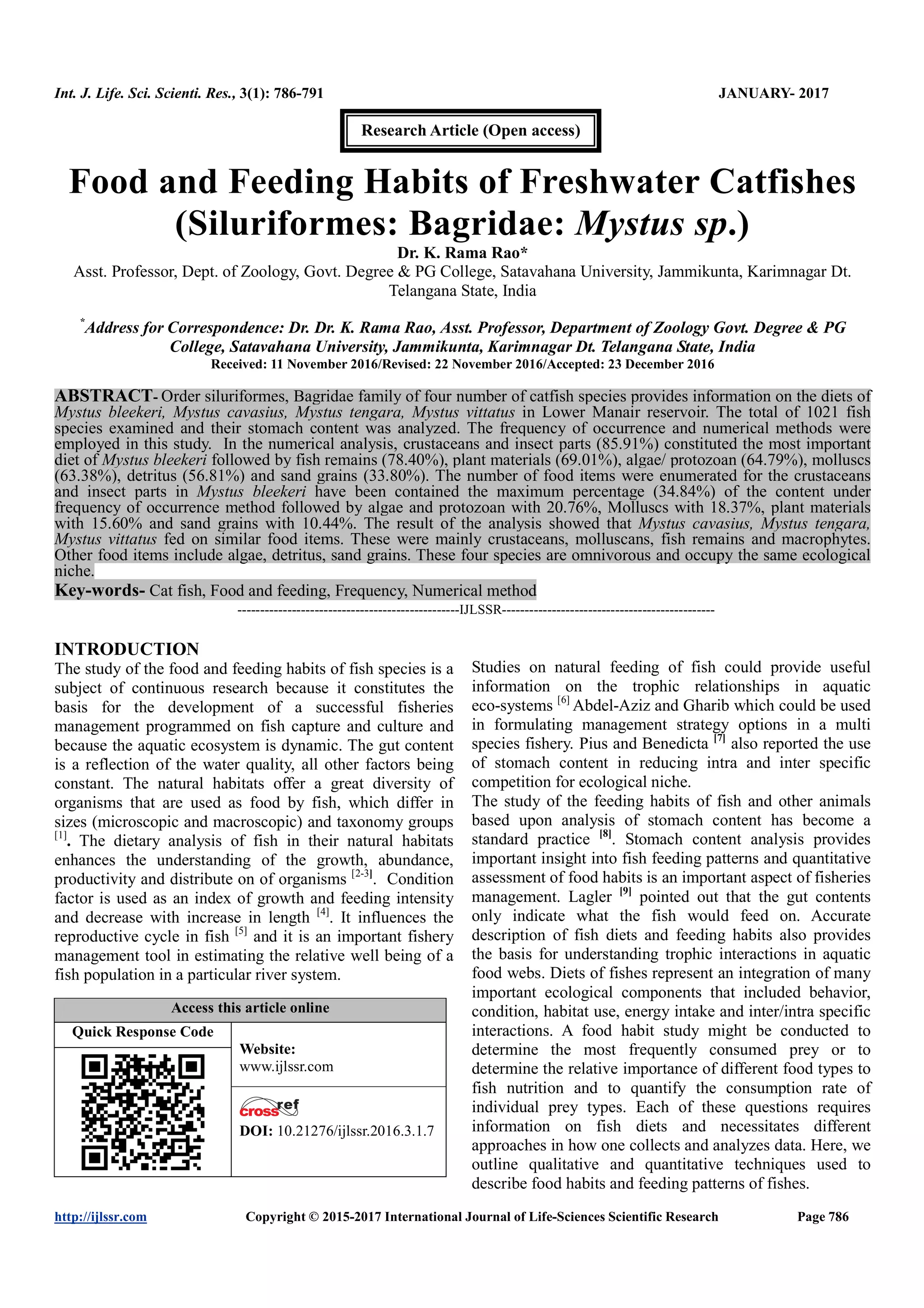 Food and Feeding Habits of Freshwater Catfishes (Siluriformes: Bagridae ...