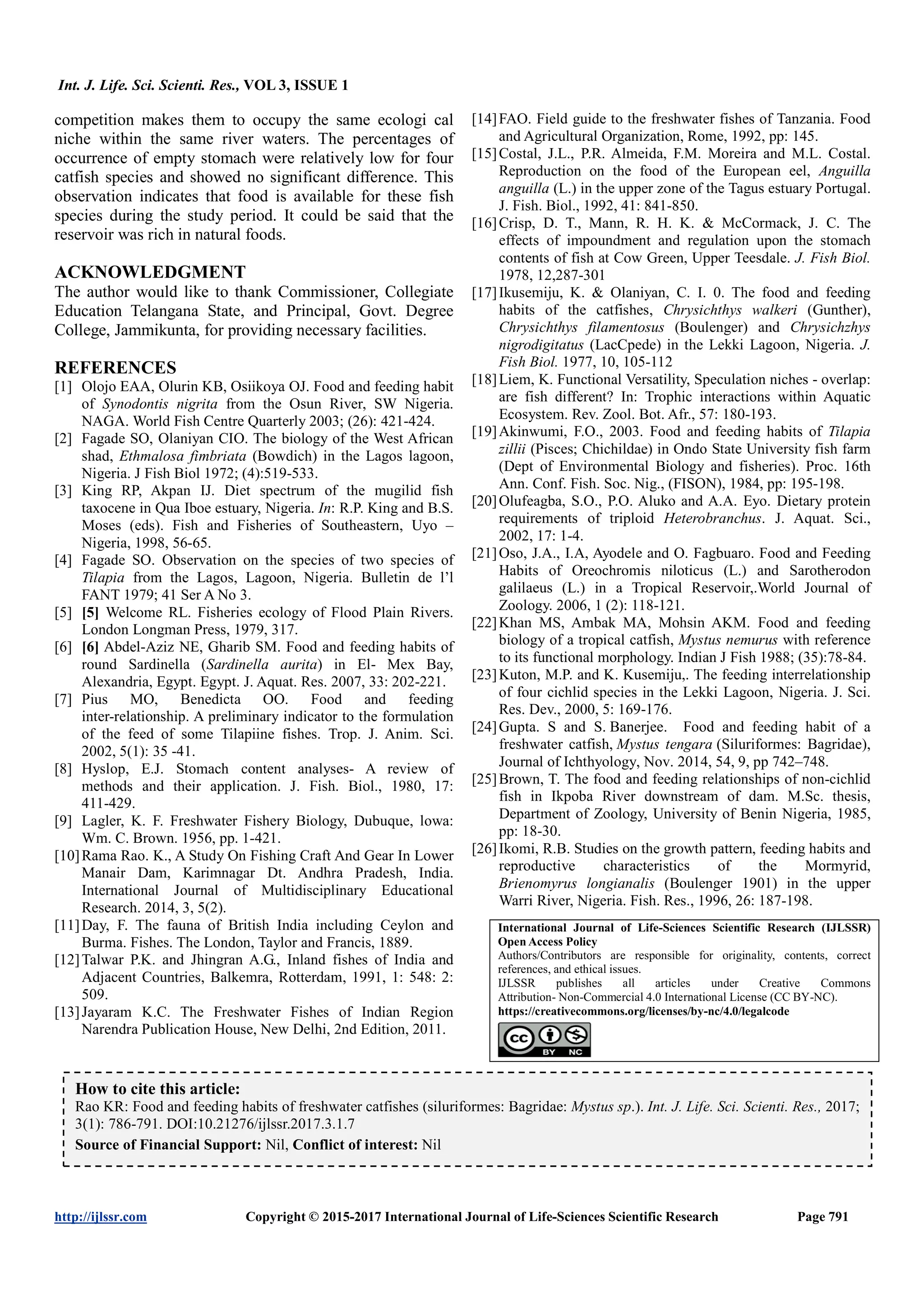 Food and Feeding Habits of Freshwater Catfishes (Siluriformes: Bagridae ...