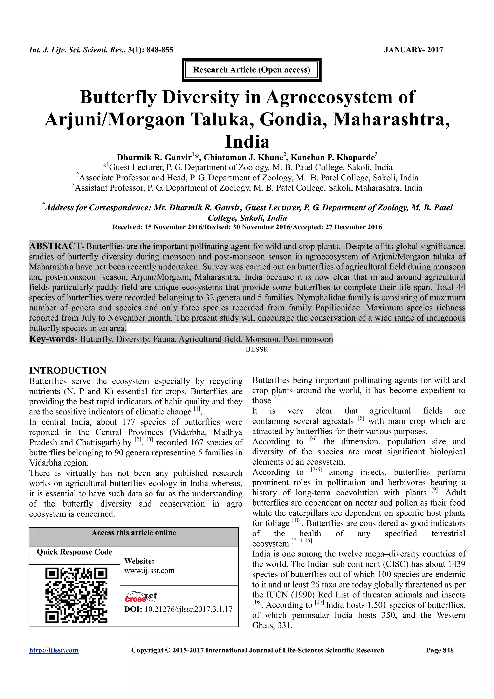 Butterfly Diversity in Agroecosystem of Arjuni/Morgaon Taluka, Gondia ...
