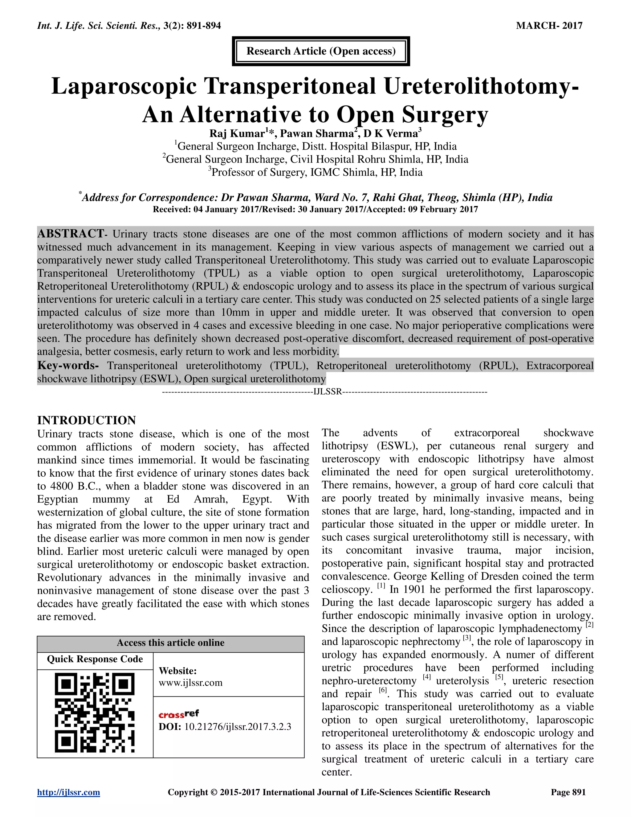 Laparoscopic Transperitoneal Ureterolithotomy- An Alternative to Open ...