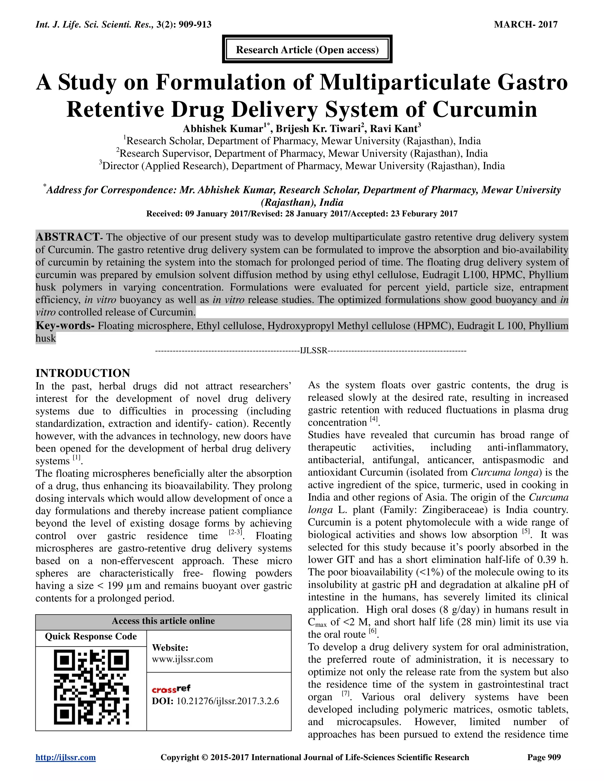 A Study on Formulation of Multiparticulate Gastro Retentive Drug Delivery System of Curcumin | PDF
