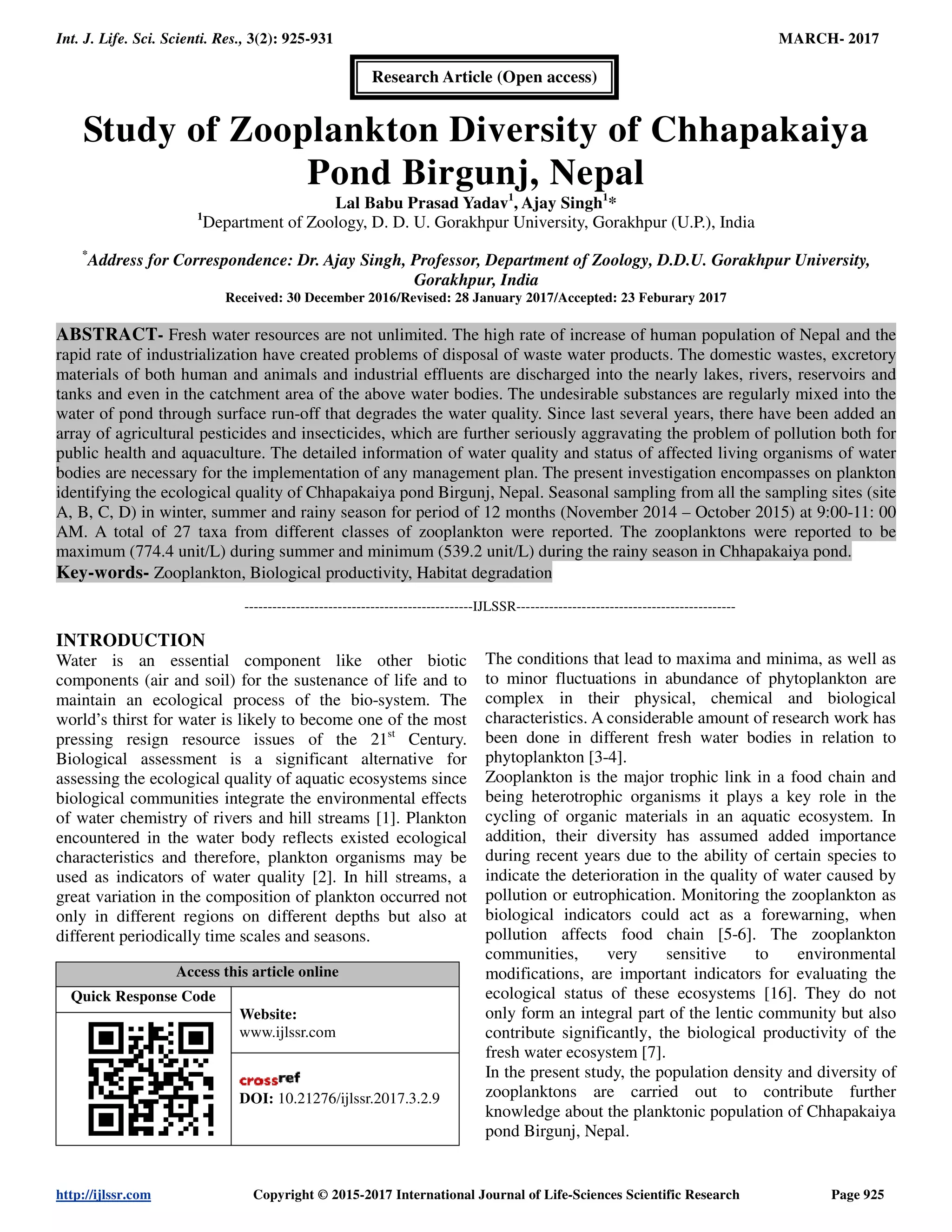 Study of Zooplankton Diversity of Chhapakaiya Pond Birgunj, Nepal | PDF