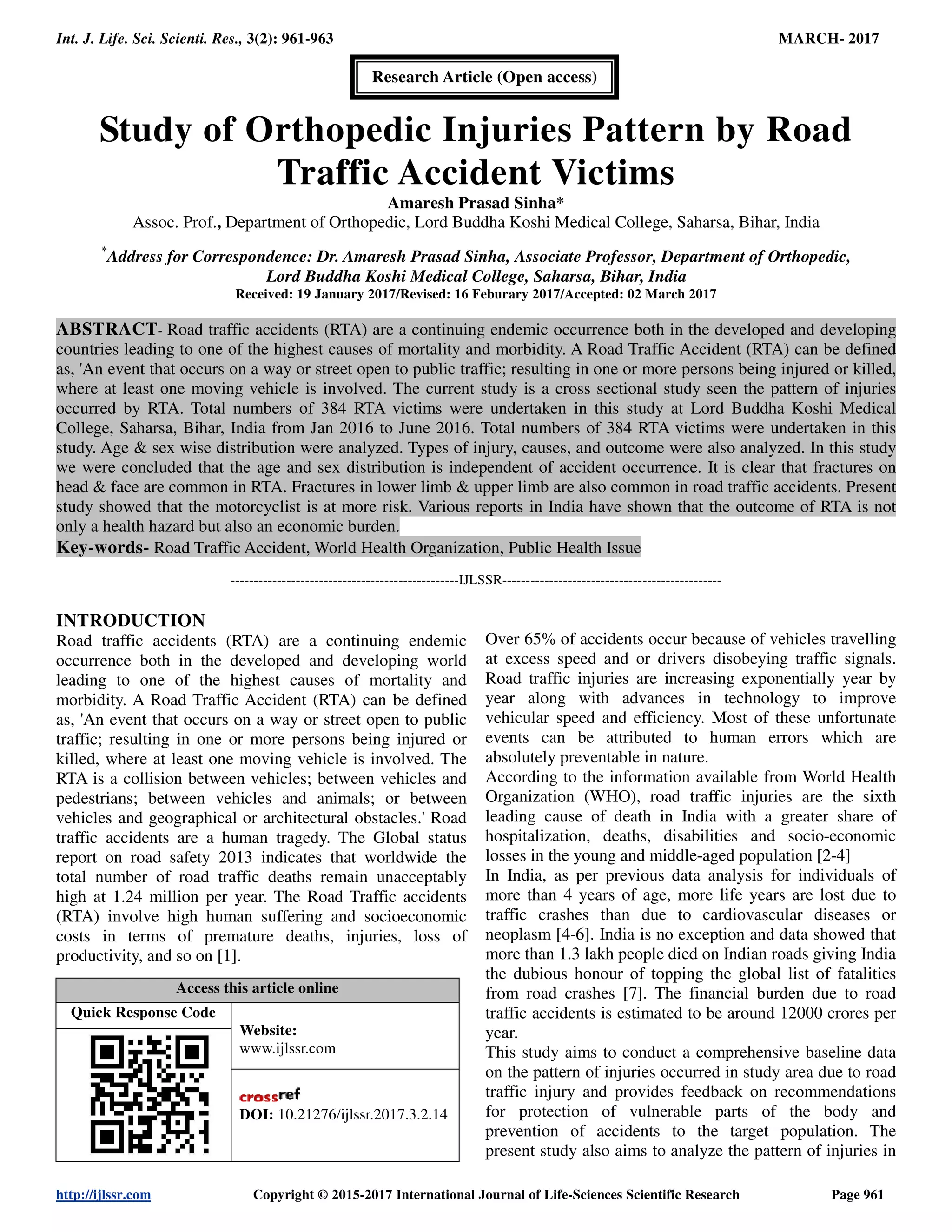 Study of Orthopedic Injuries Pattern by Road Traffic Accident Victims | PDF