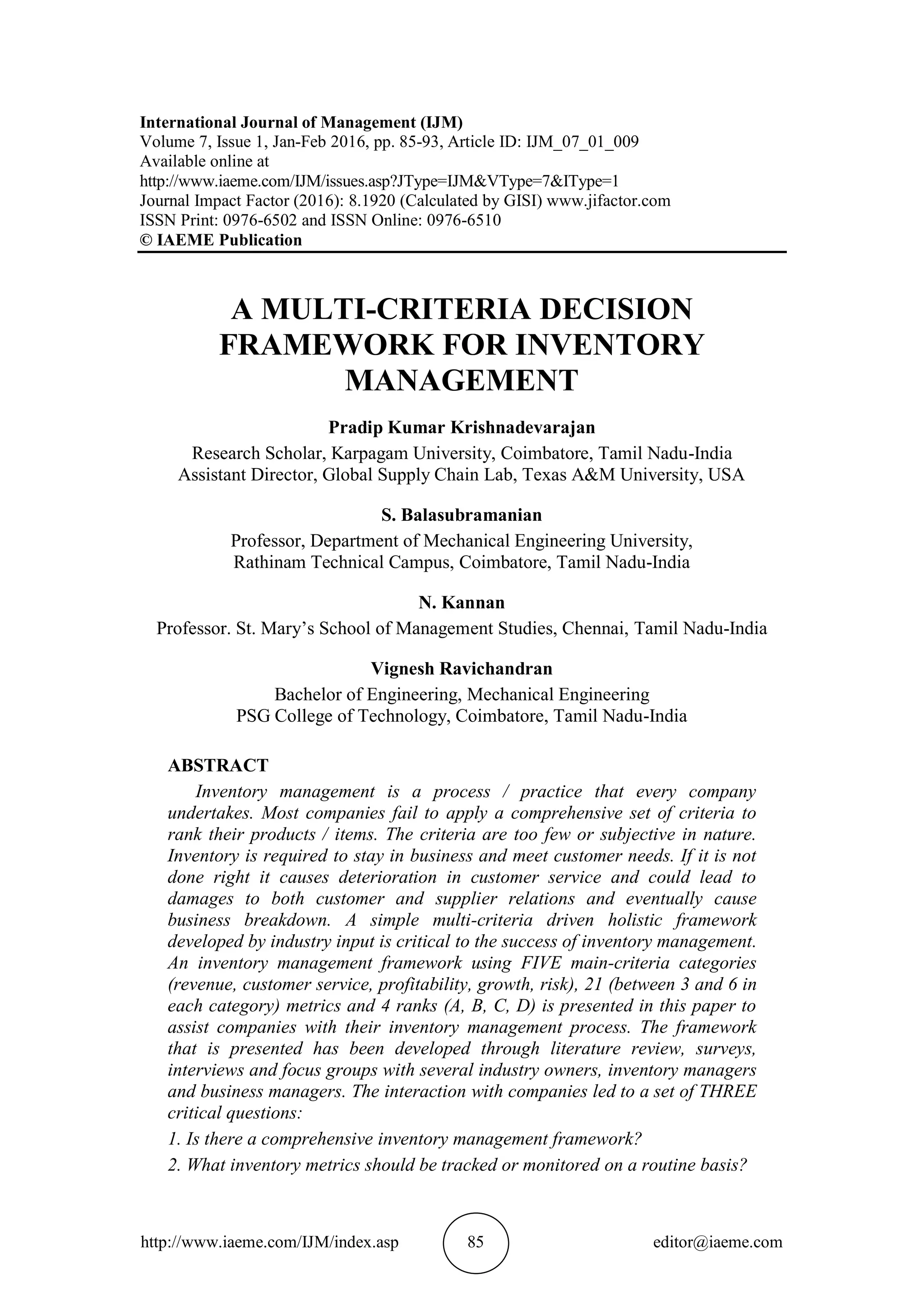A MULTI-CRITERIA DECISION FRAMEWORK FOR INVENTORY MANAGEMENT | PDF