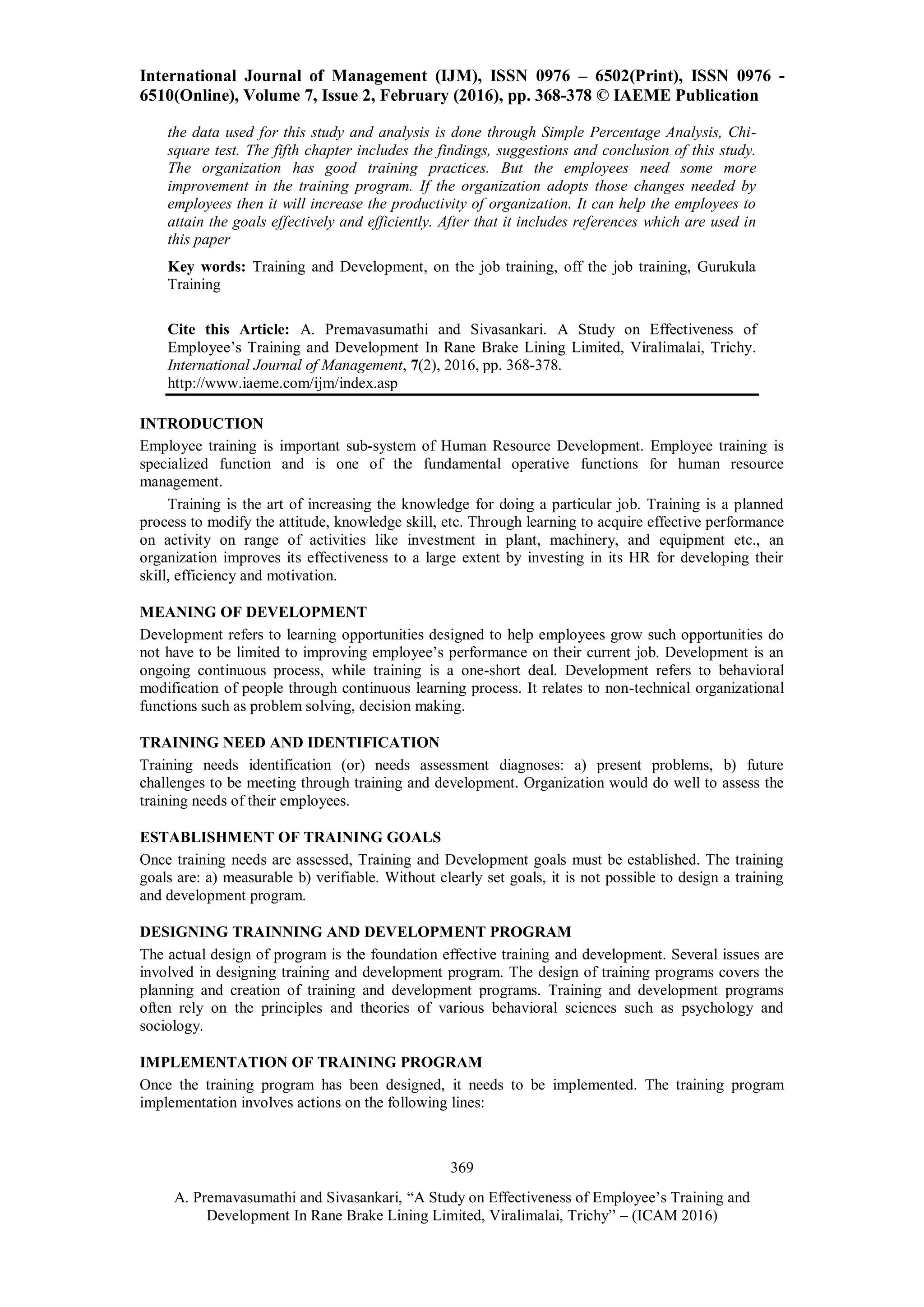 A STUDY ON EFFECTIVENESS OF EMPLOYEE’S TRAINING AND DEVELOPMENT IN RANE ...