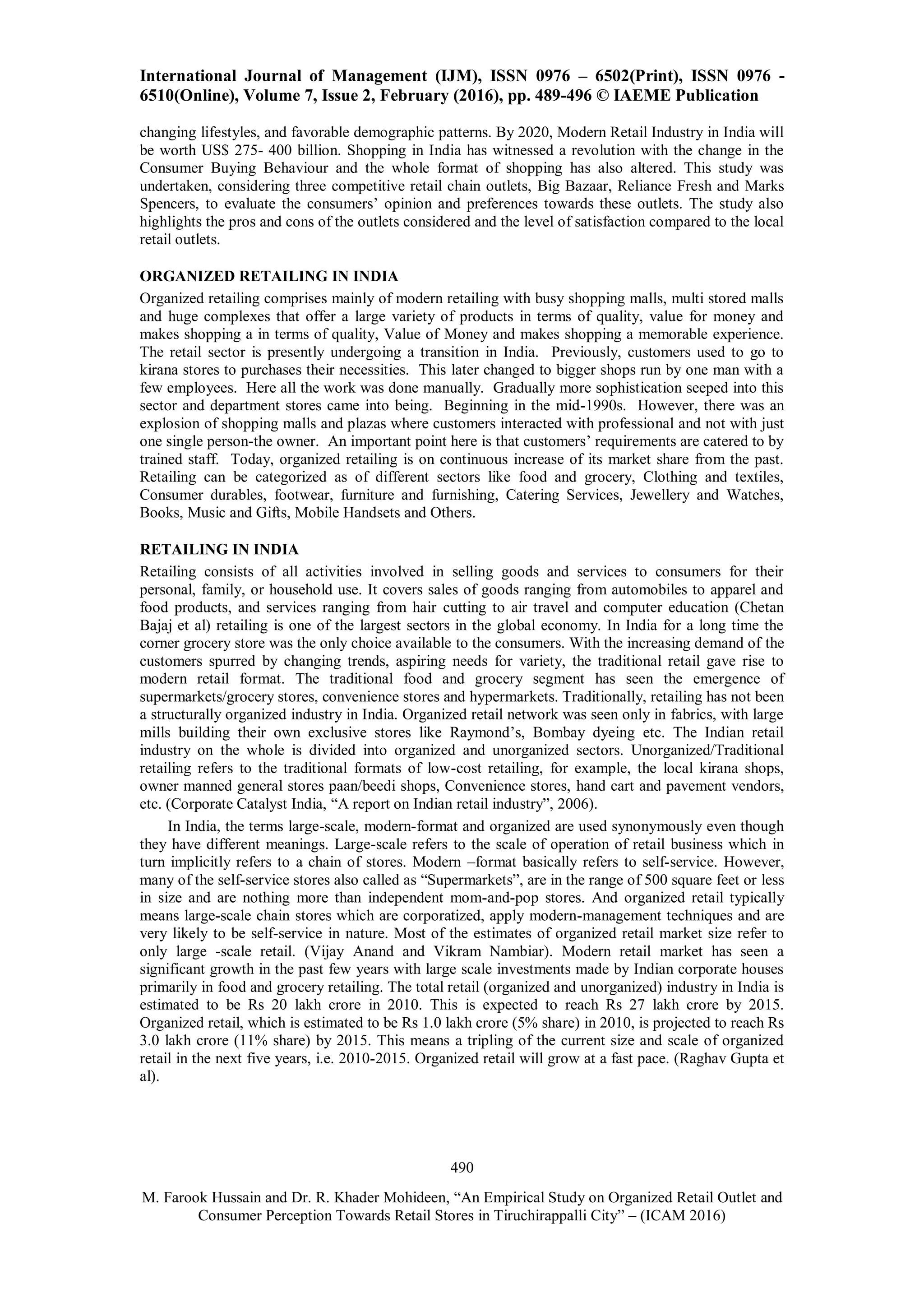 AN EMPIRICAL STUDY ON ORGANIZED RETAIL OUTLET AND CONSUMER PERCEPTION ...