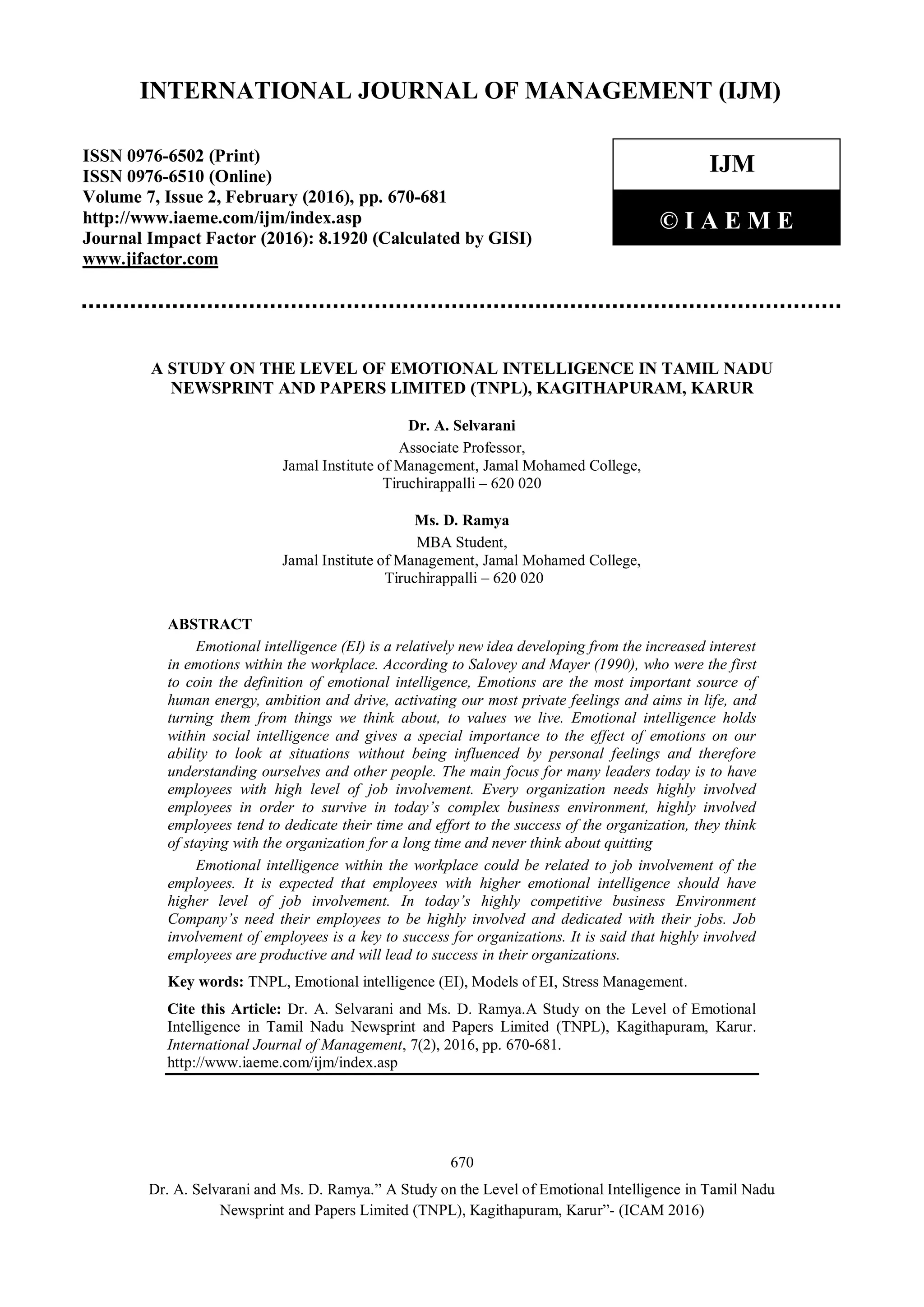 A STUDY ON THE LEVEL OF EMOTIONAL INTELLIGENCE IN TAMIL NADU NEWSPRINT AND PAPERS LIMITED (TNPL ...