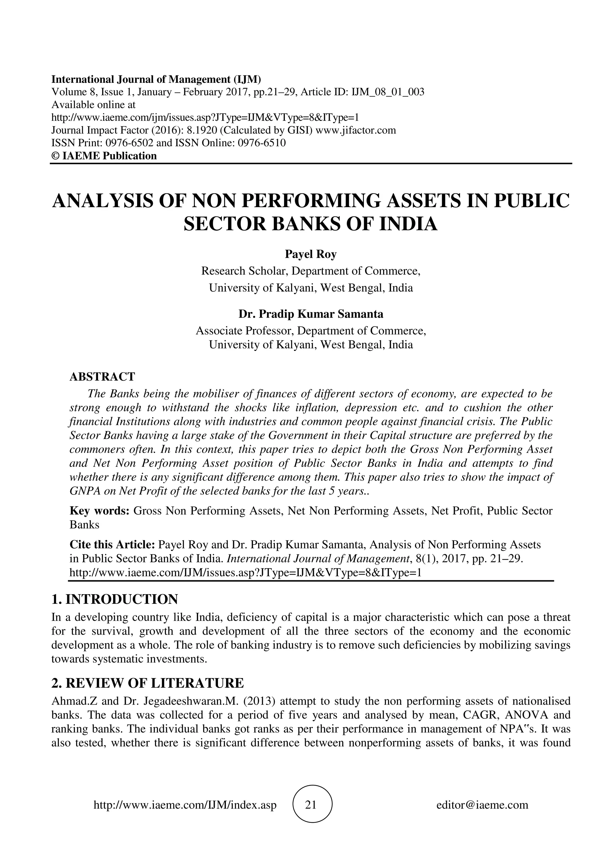 ANALYSIS OF NON PERFORMING ASSETS IN PUBLIC SECTOR BANKS OF INDIA | PDF