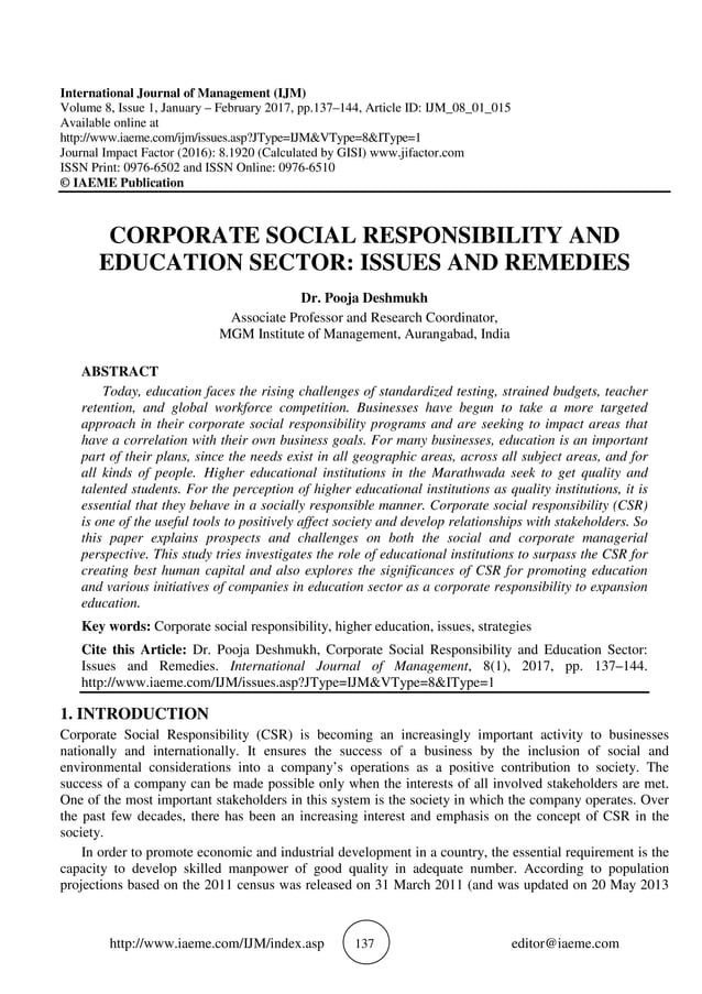 CORPORATE SOCIAL RESPONSIBILITY AND EDUCATION SECTOR: ISSUES AND ...