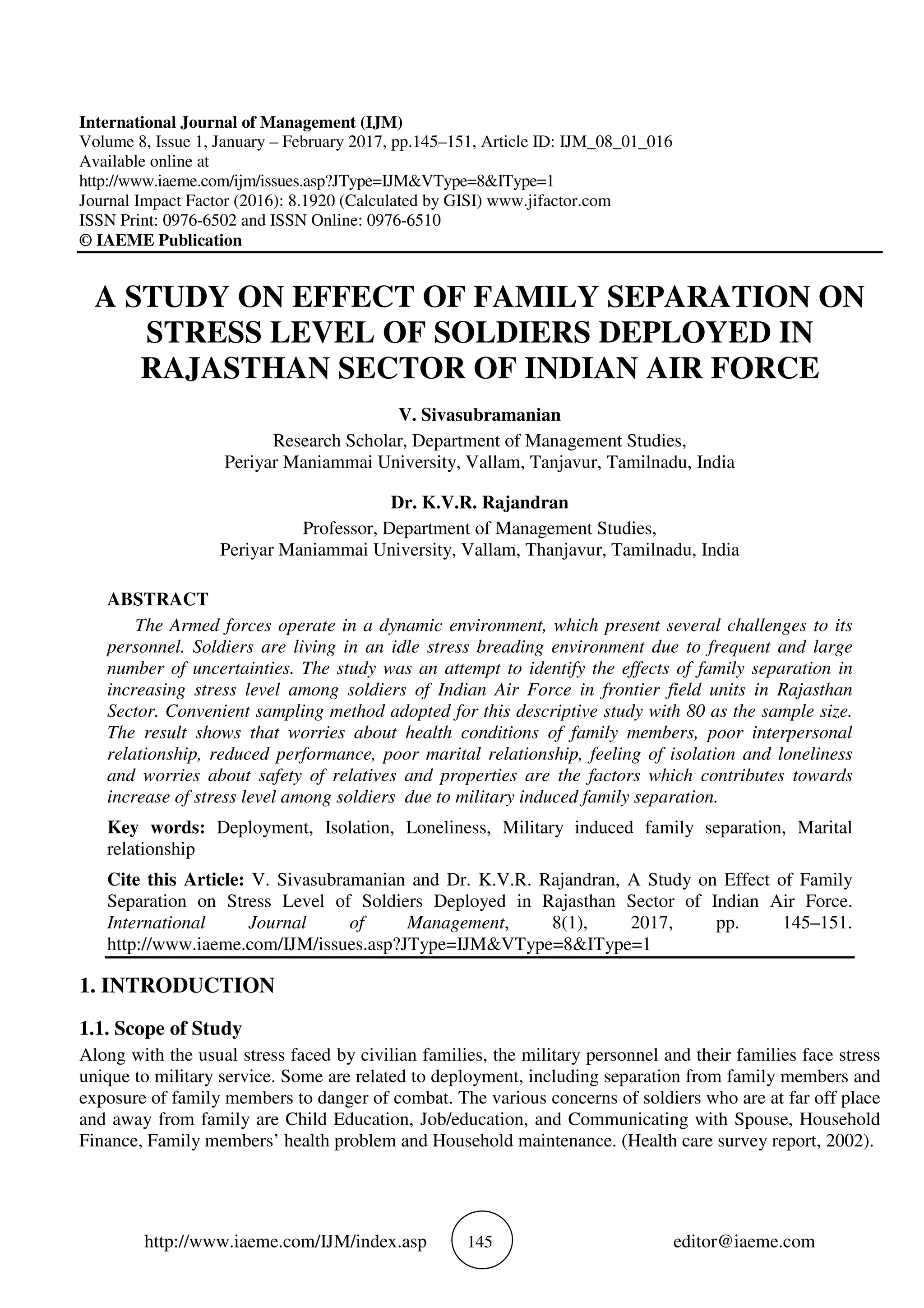 A STUDY ON EFFECT OF FAMILY SEPARATION ON STRESS LEVEL OF SOLDIERS ...