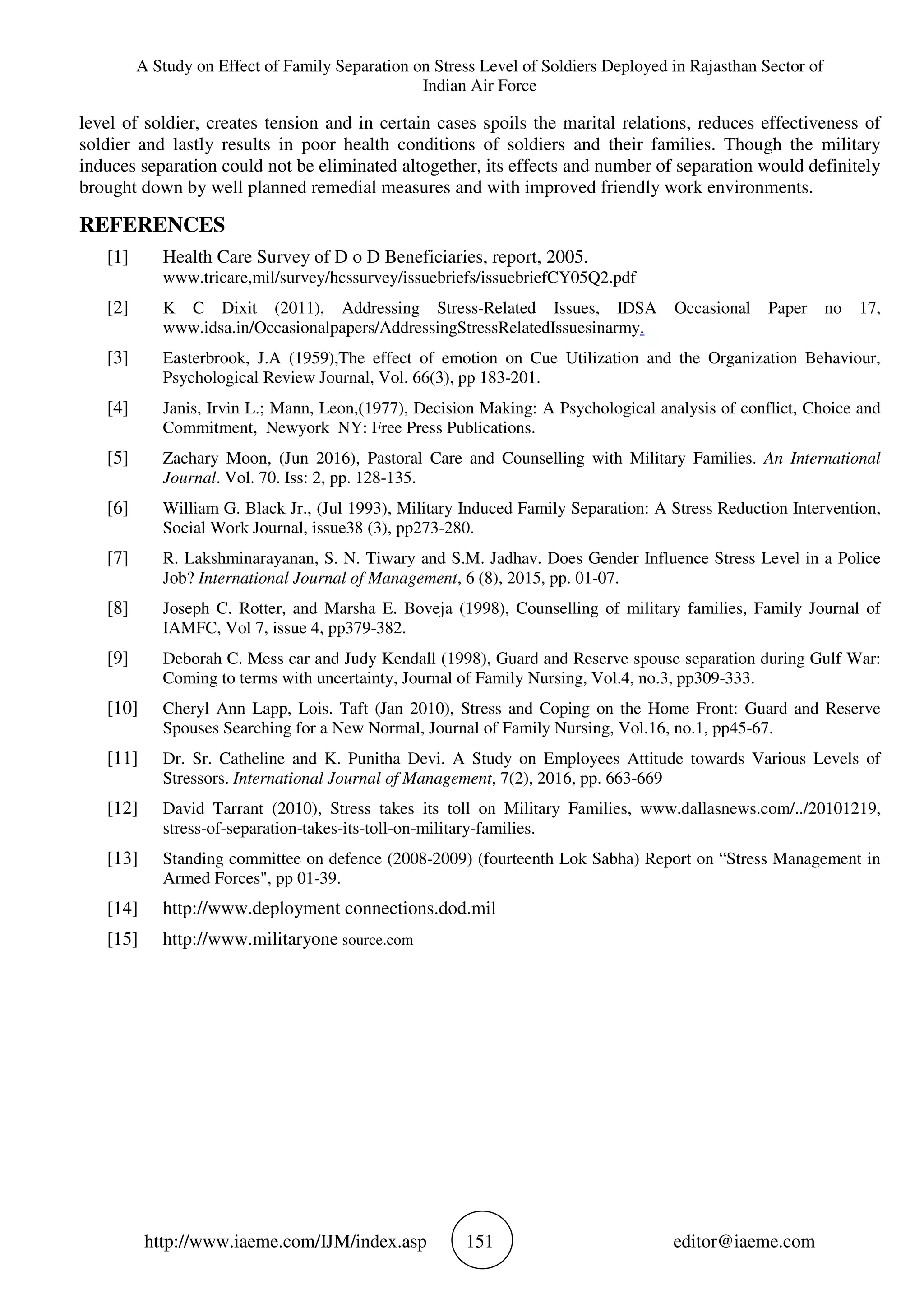 A STUDY ON EFFECT OF FAMILY SEPARATION ON STRESS LEVEL OF SOLDIERS ...