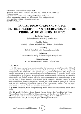 SOCIAL INNOVATION AND SOCIAL ENTREPRENEURSHIP - AN ELUCIDATION FOR THE ...
