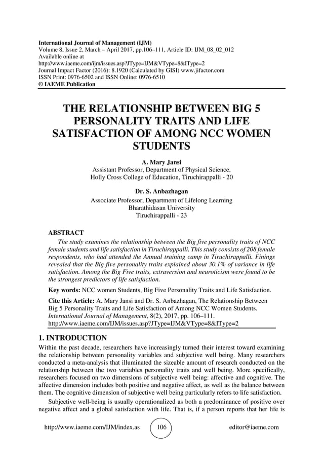 THE RELATIONSHIP BETWEEN BIG 5 PERSONALITY TRAITS AND LIFE SATISFACTION OF AMONG NCC WOMEN ...