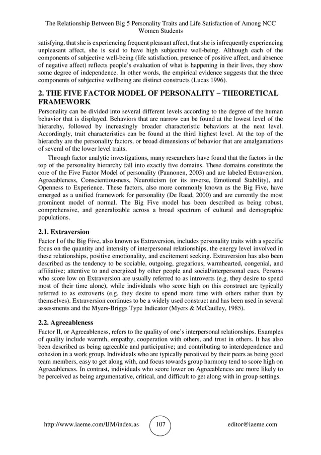 THE RELATIONSHIP BETWEEN BIG 5 PERSONALITY TRAITS AND LIFE SATISFACTION OF AMONG NCC WOMEN ...