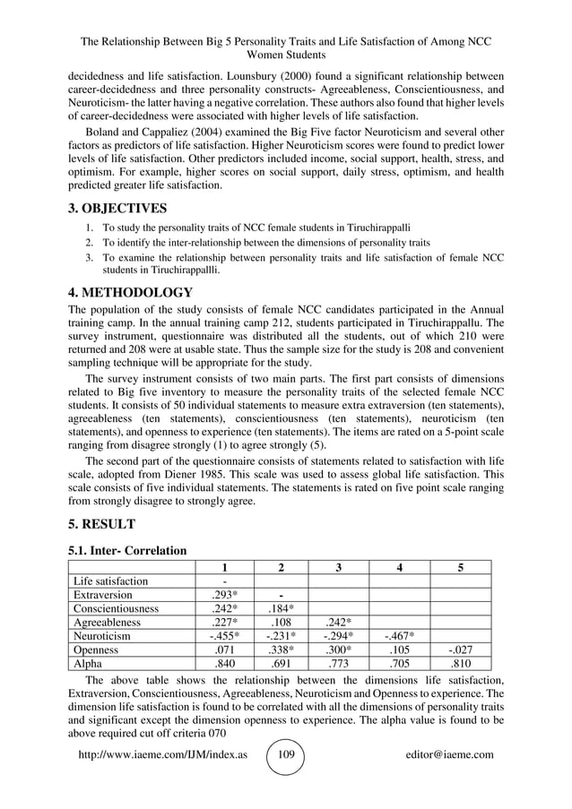 THE RELATIONSHIP BETWEEN BIG 5 PERSONALITY TRAITS AND LIFE SATISFACTION OF AMONG NCC WOMEN ...