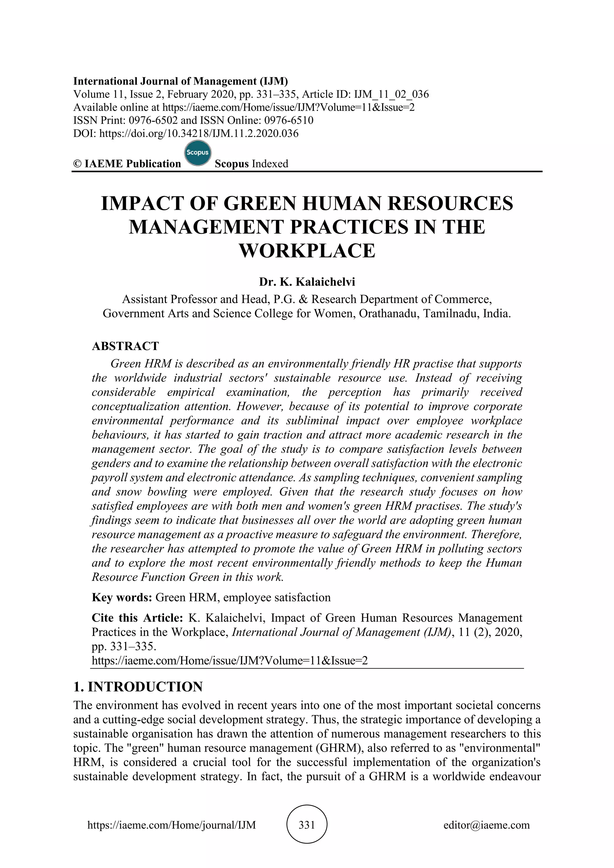IMPACT OF GREEN HUMAN RESOURCES MANAGEMENT PRACTICES IN THE WORKPLACE | PDF
