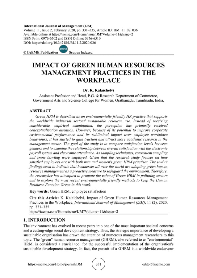 IMPACT OF GREEN HUMAN RESOURCES MANAGEMENT PRACTICES IN THE WORKPLACE | PDF
