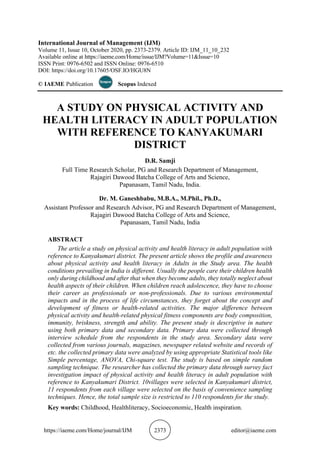 A STUDY ON PHYSICAL ACTIVITY AND HEALTH LITERACY IN ADULT POPULATION ...