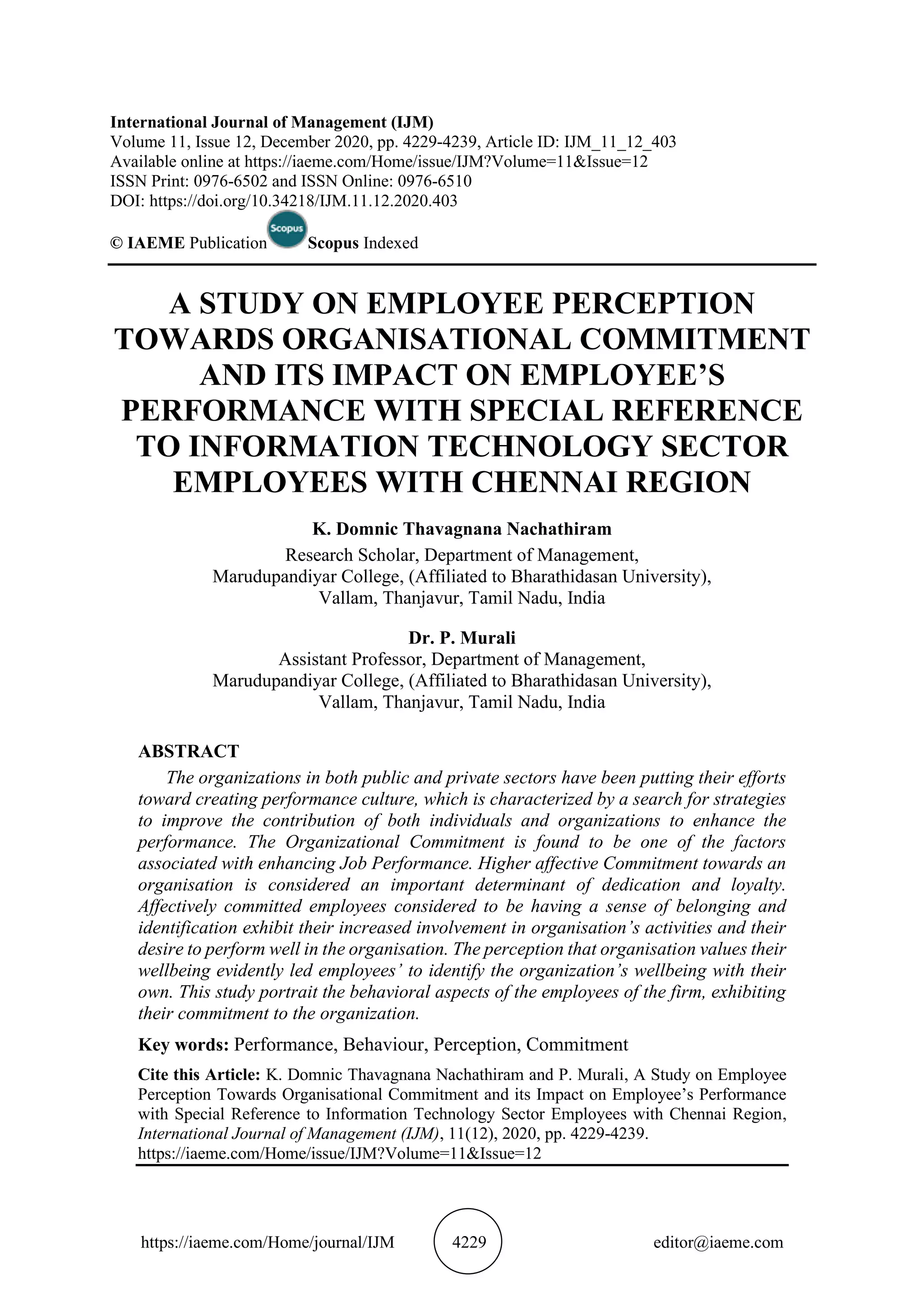 A STUDY ON EMPLOYEE PERCEPTION TOWARDS ORGANISATIONAL COMMITMENT AND ...