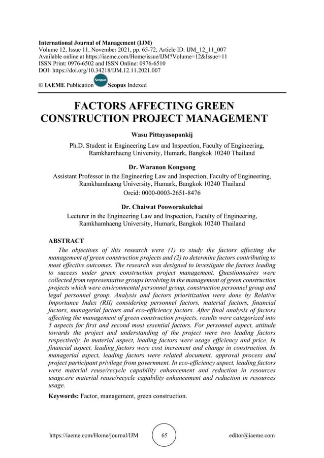 FACTORS AFFECTING GREEN CONSTRUCTION PROJECT MANAGEMENT | PDF