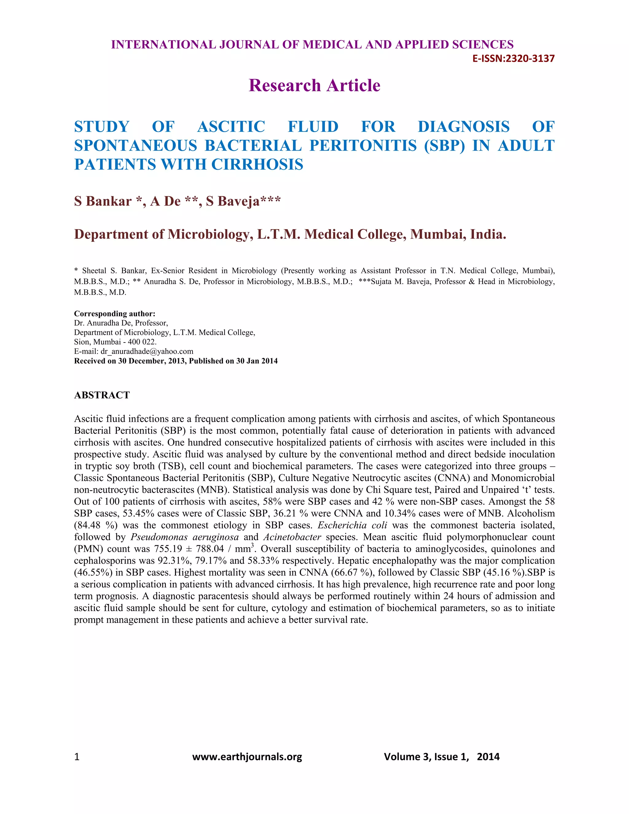 STUDY OF ASCITIC FLUID FOR DIAGNOSIS OF SPONTANEOUS BACTERIAL ...