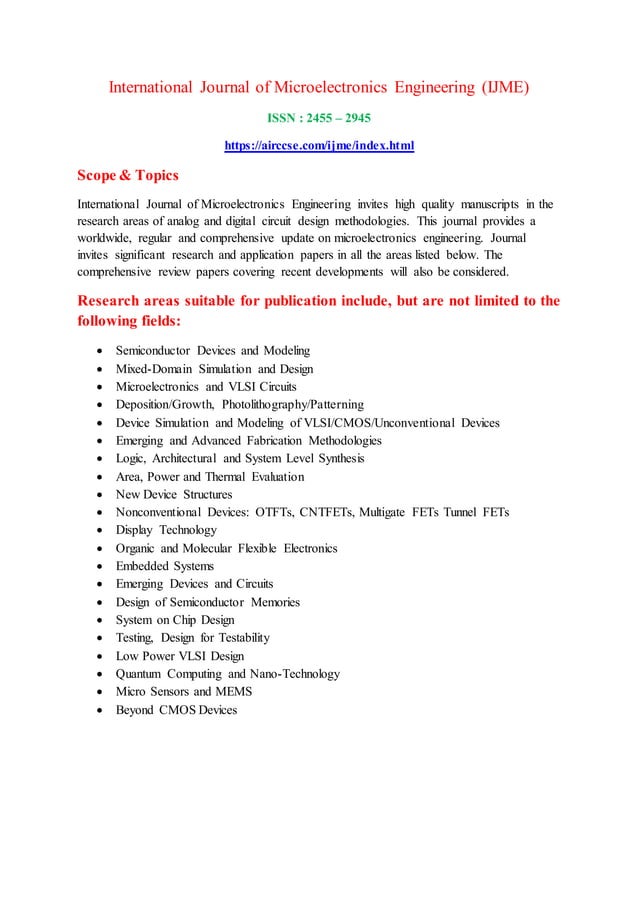 CALL FOR PAPER -INTERNATIONAL JOURNAL OF MICROELECTRONICS ENGINEERING | PDF