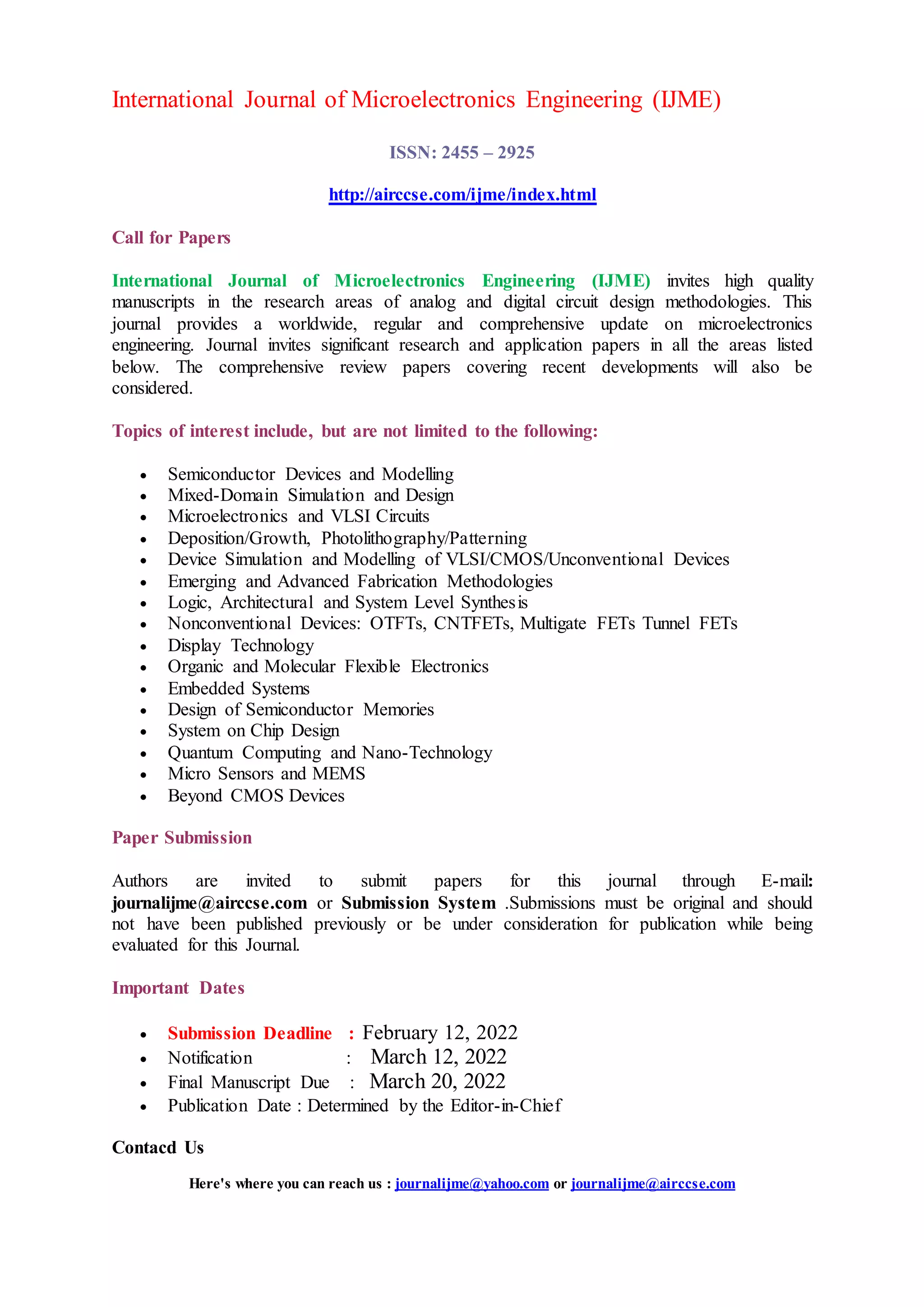 International Journal of Microelectronics Engineering (IJME) | PDF | Free download